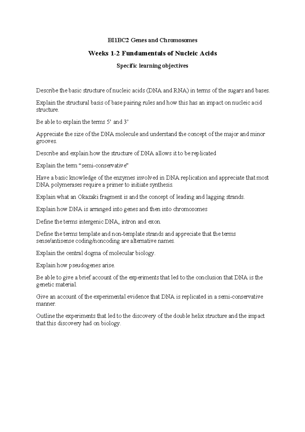 Week 1- Learning objectives - BI1BC2 Genes and Chromosomes Weeks ...