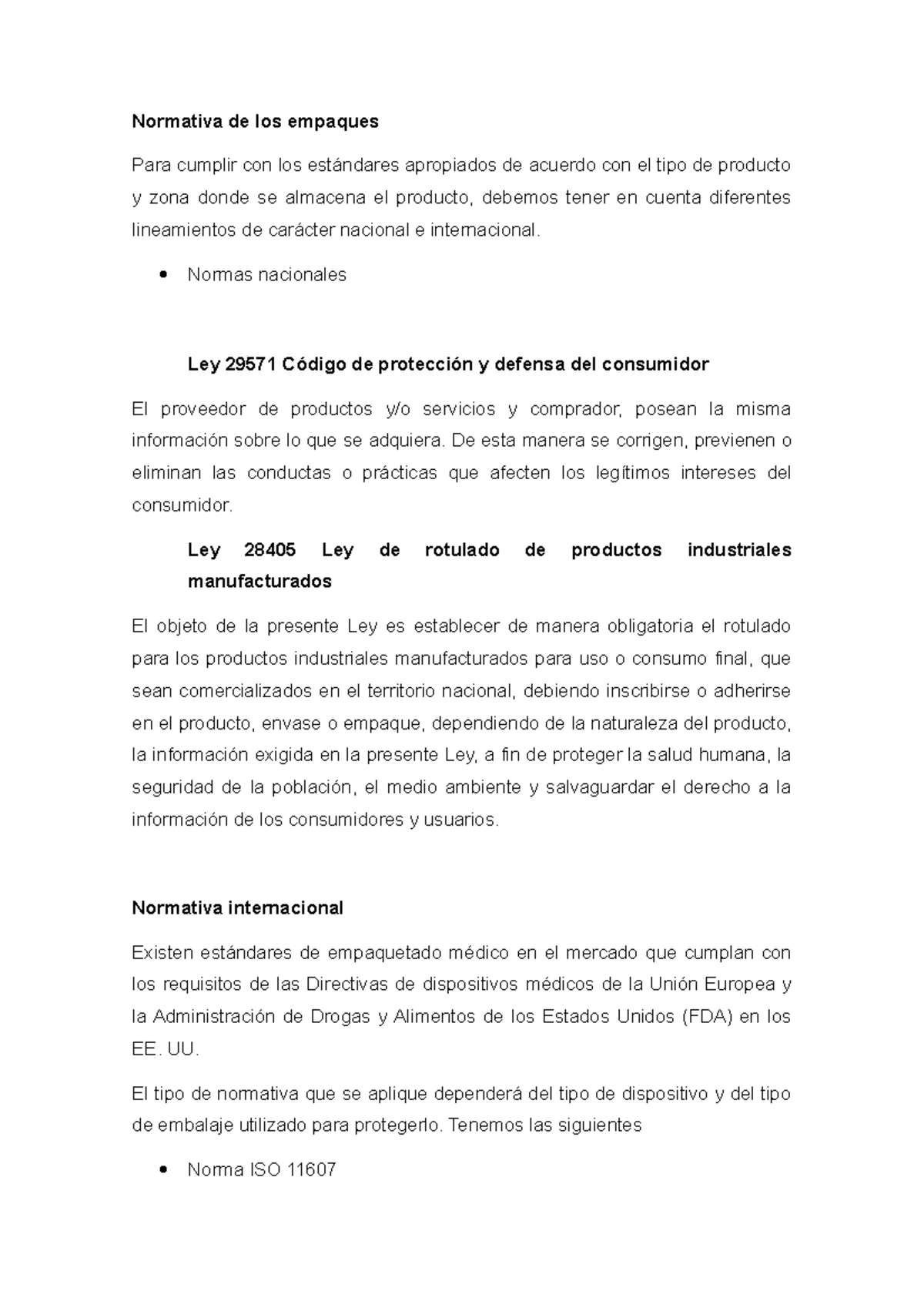 Normativa de los empaques - Normas nacionales Ley 29571 Código de protección y defensa del - Studocu