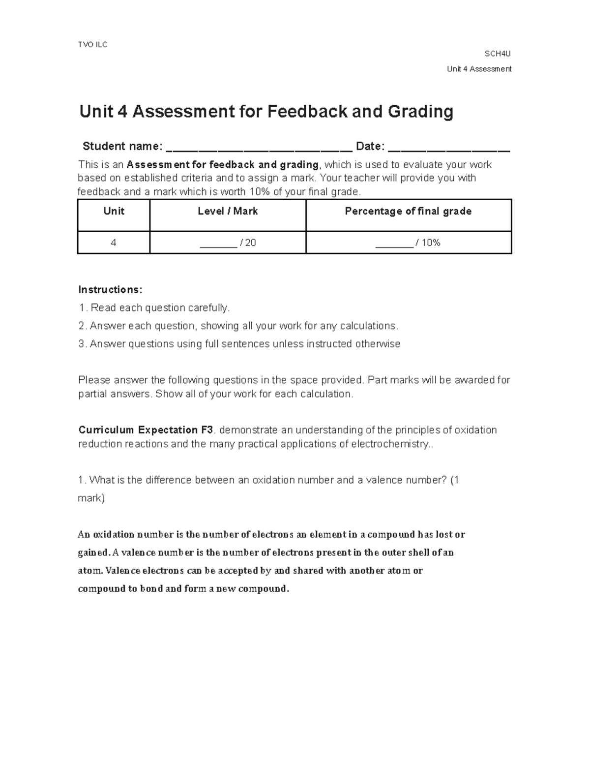 Sch4u 04 - fgf - TVO ILC SCH4U Unit 4 Assessment Unit 4 Assessment for ...