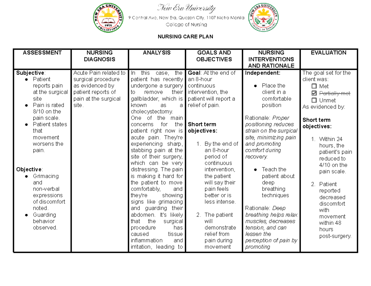MCMC NCP 1 - NURSING CARE PLAN ASSESSMENT NURSING DIAGNOSIS ANALYSIS ...