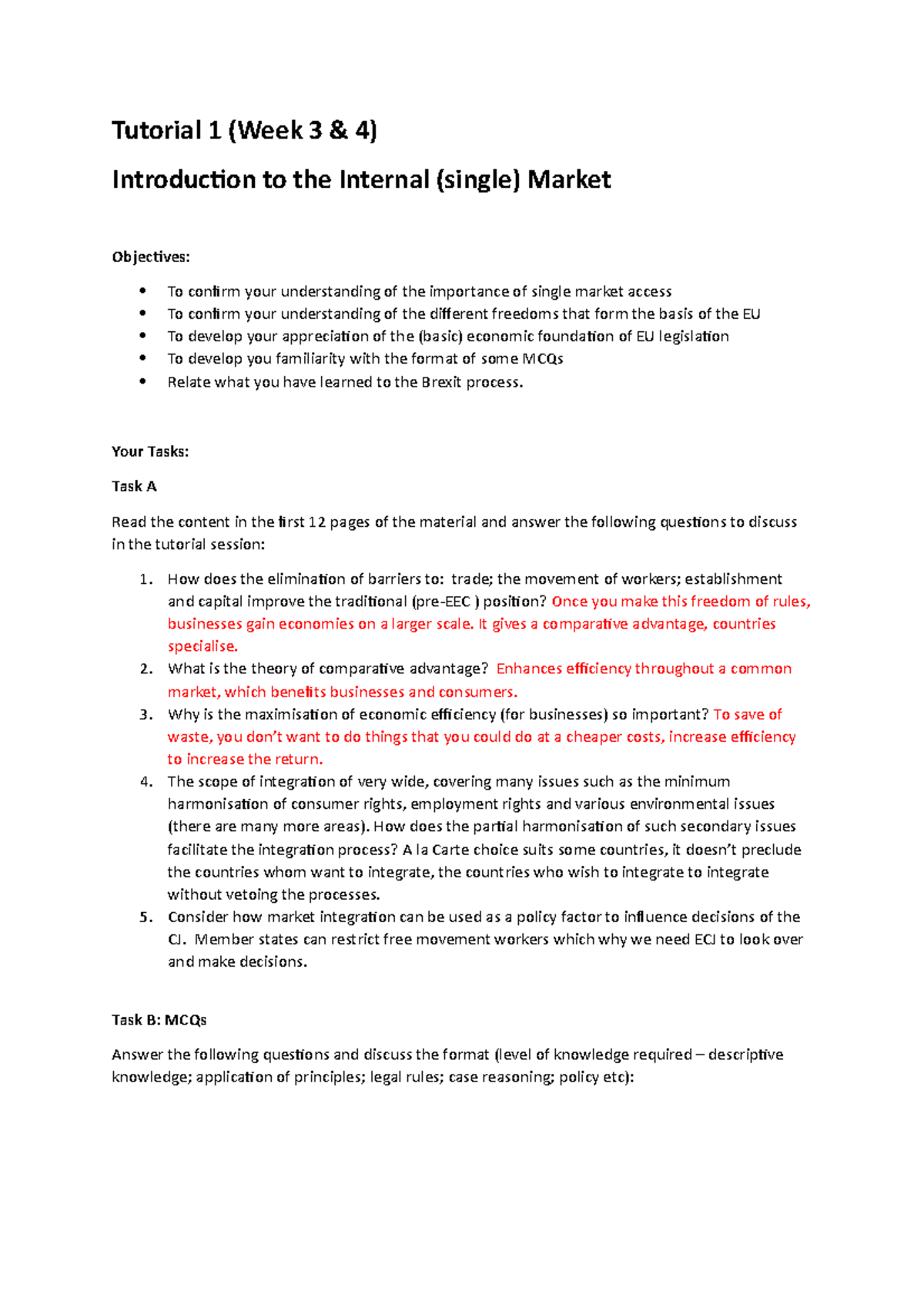 Tutorial Week 1 - Tutorial 1 (Week 3 & 4) Introduction to the Internal (single) Market - Studocu
