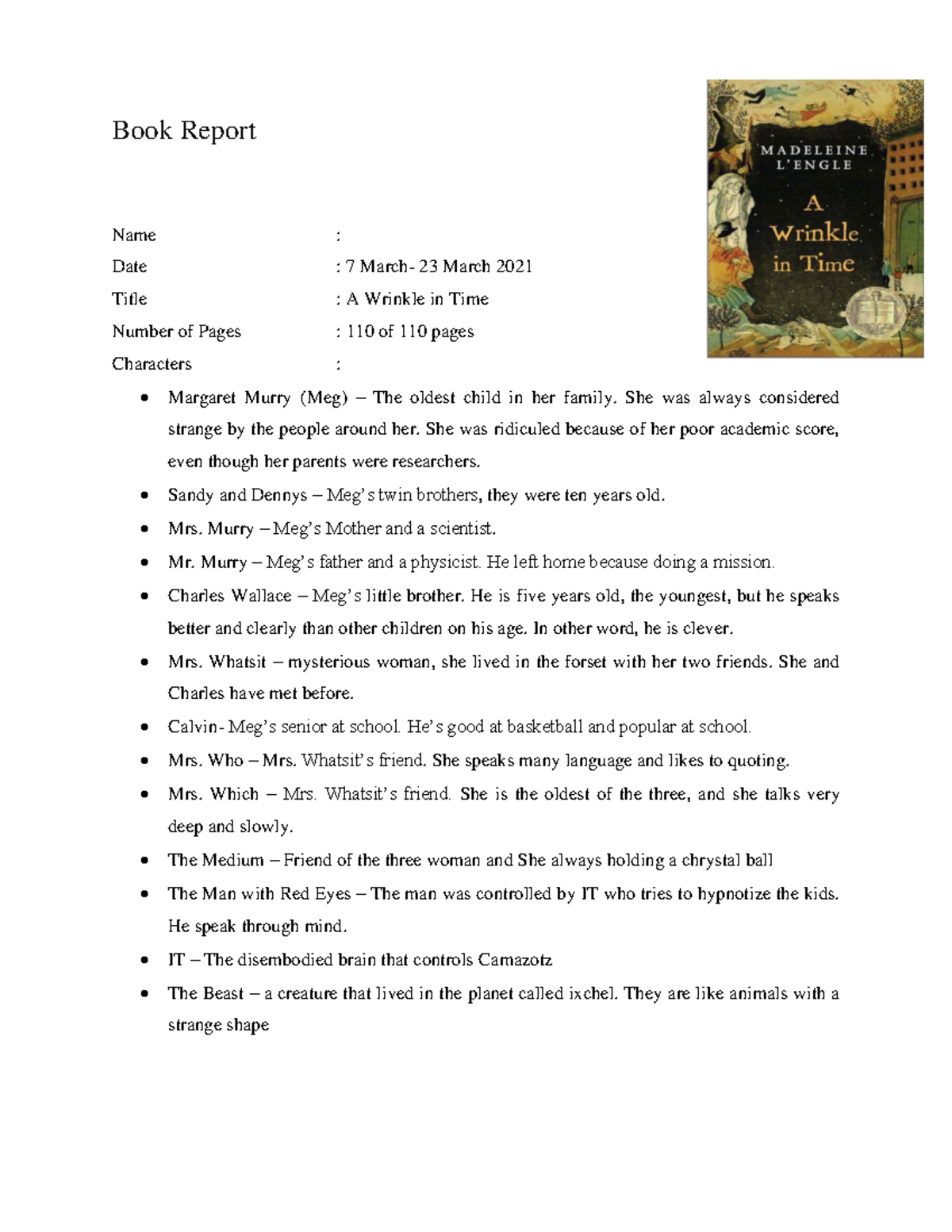 Reading - Book Report Form - Book Report Name : Date : 7 March- 23 ...
