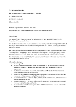 Case study 1 Statement of Advice example - Statement of Advice ABC ...