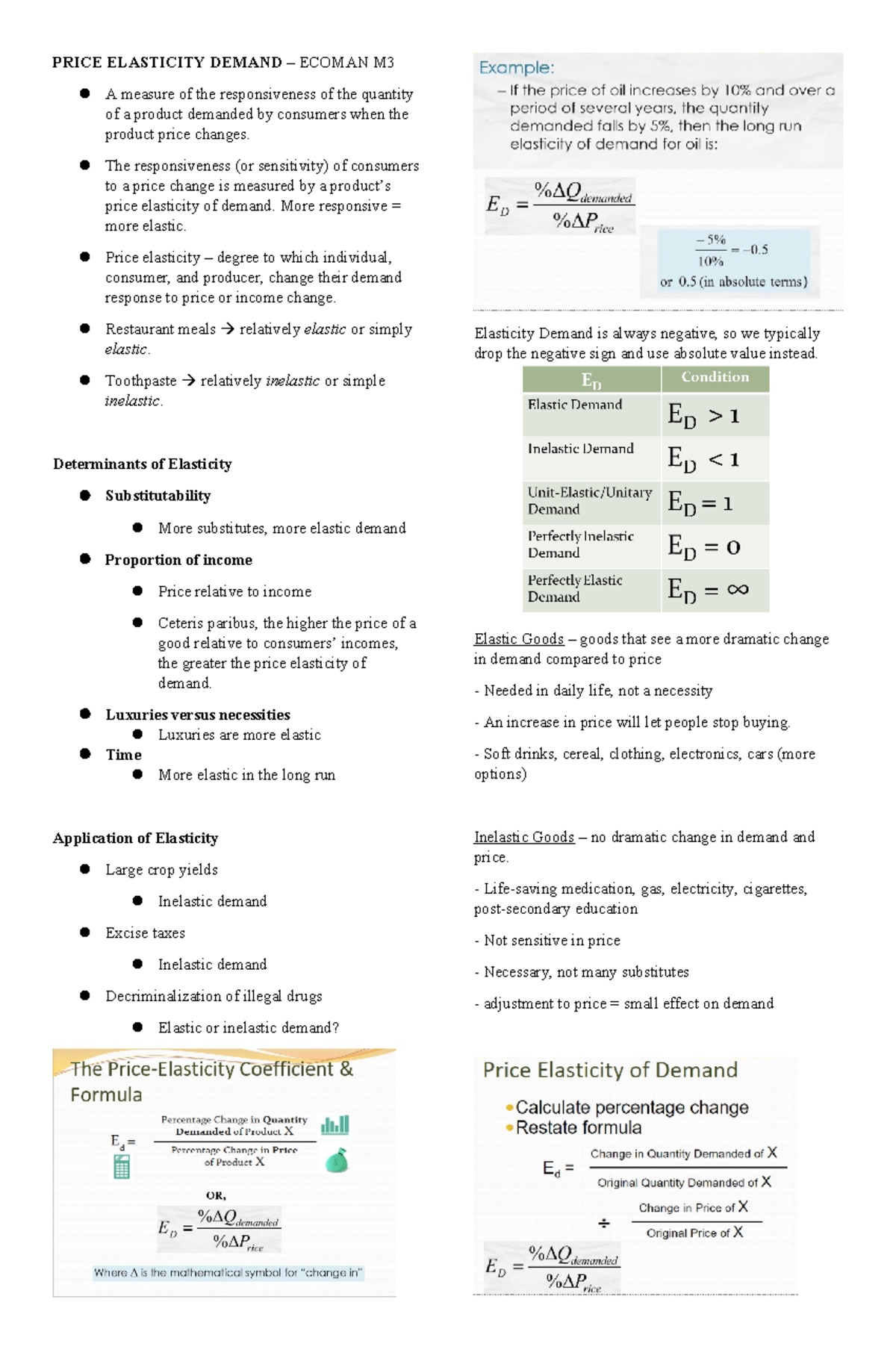 Ecoman Notes M3 P1 - PRICE ELASTICITY DEMAND – ECOMAN M A measure of ...