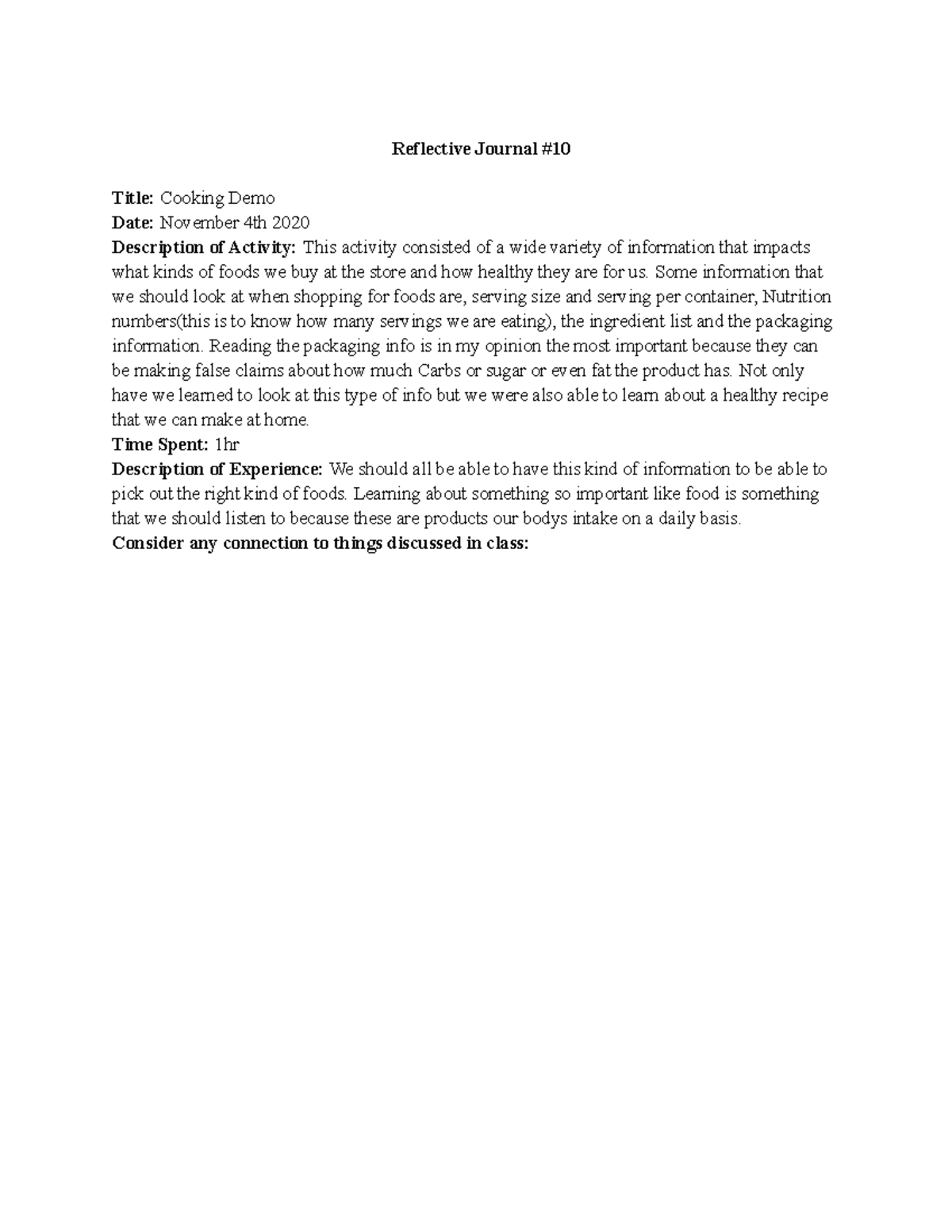 Reflective journal 10 - Reflective Journal # Title: Cooking Demo Date ...