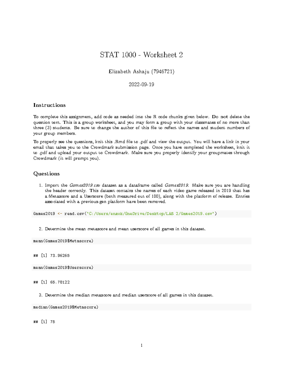 STAT 1000 Worksheet 2 Shell - STAT 1000 - Worksheet 2 Elizabeth Ashaju ...
