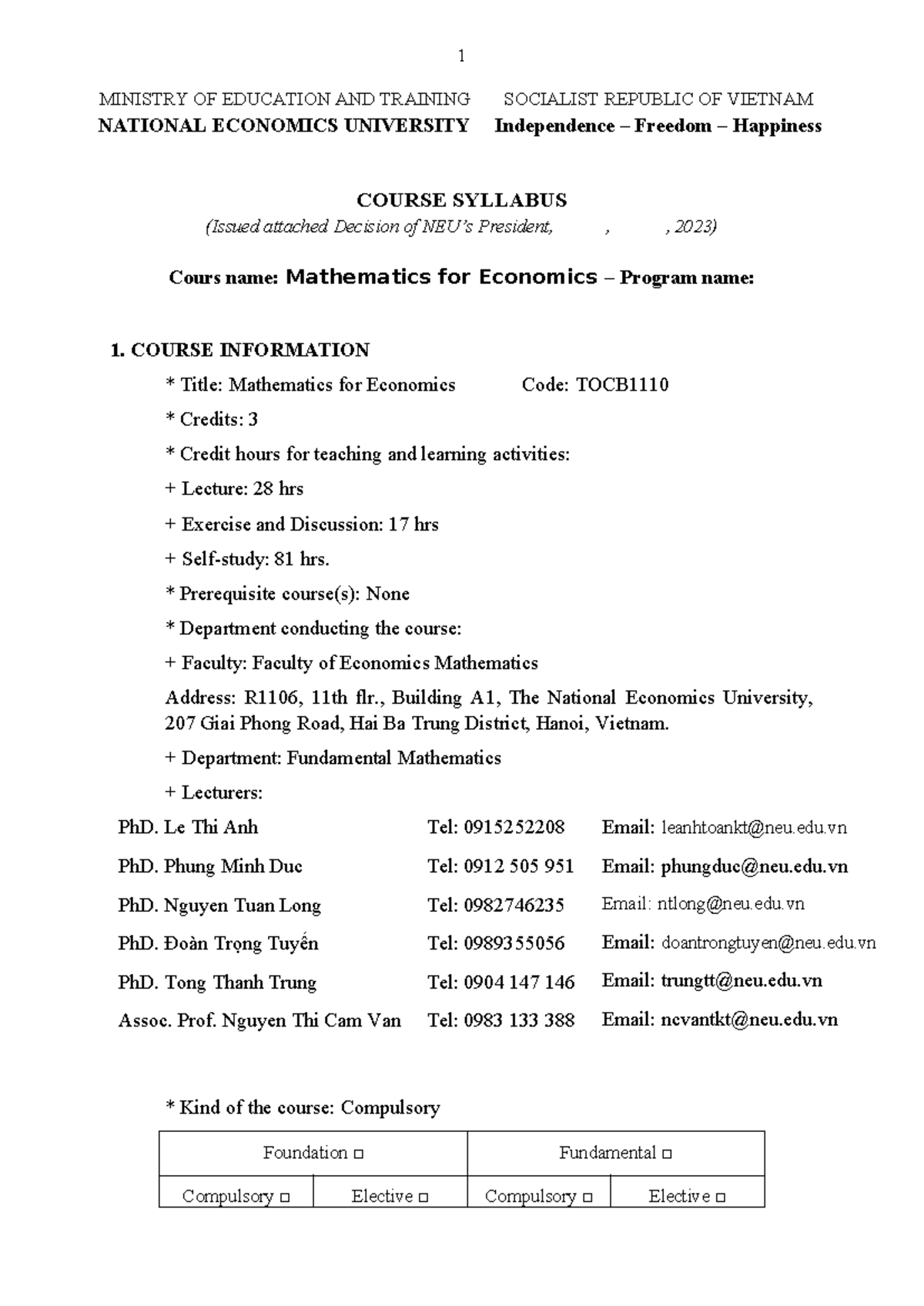 Syllabus Mathematics for economics - MINISTRY OF EDUCATION AND TRAINING ...
