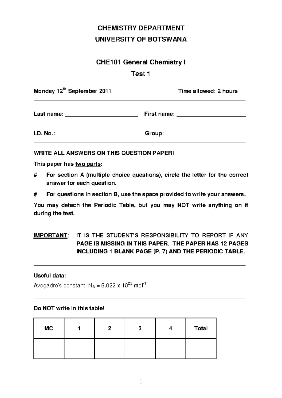 Che 101 2011 test 1 - test 1 - CHEMISTRY DEPARTMENT UNIVERSITY OF ...