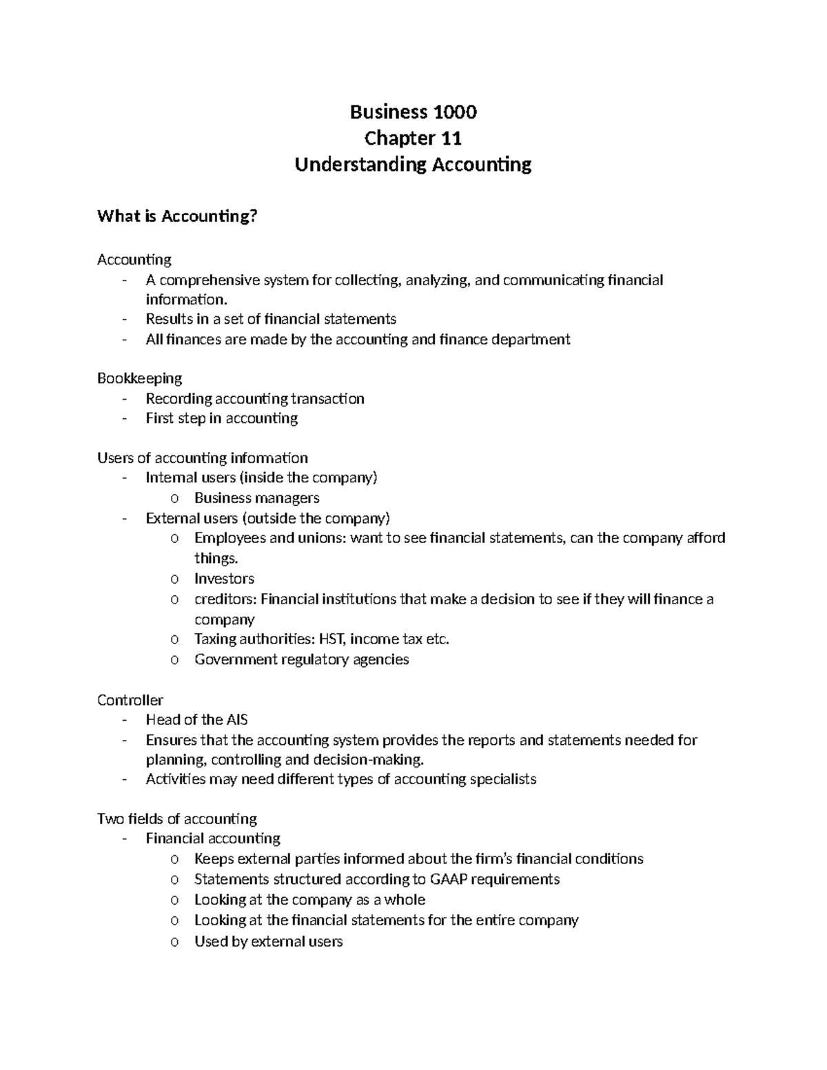 Final Notes: Chapter 11 14 15 7 8 - Business 1000 Chapter 11 ...