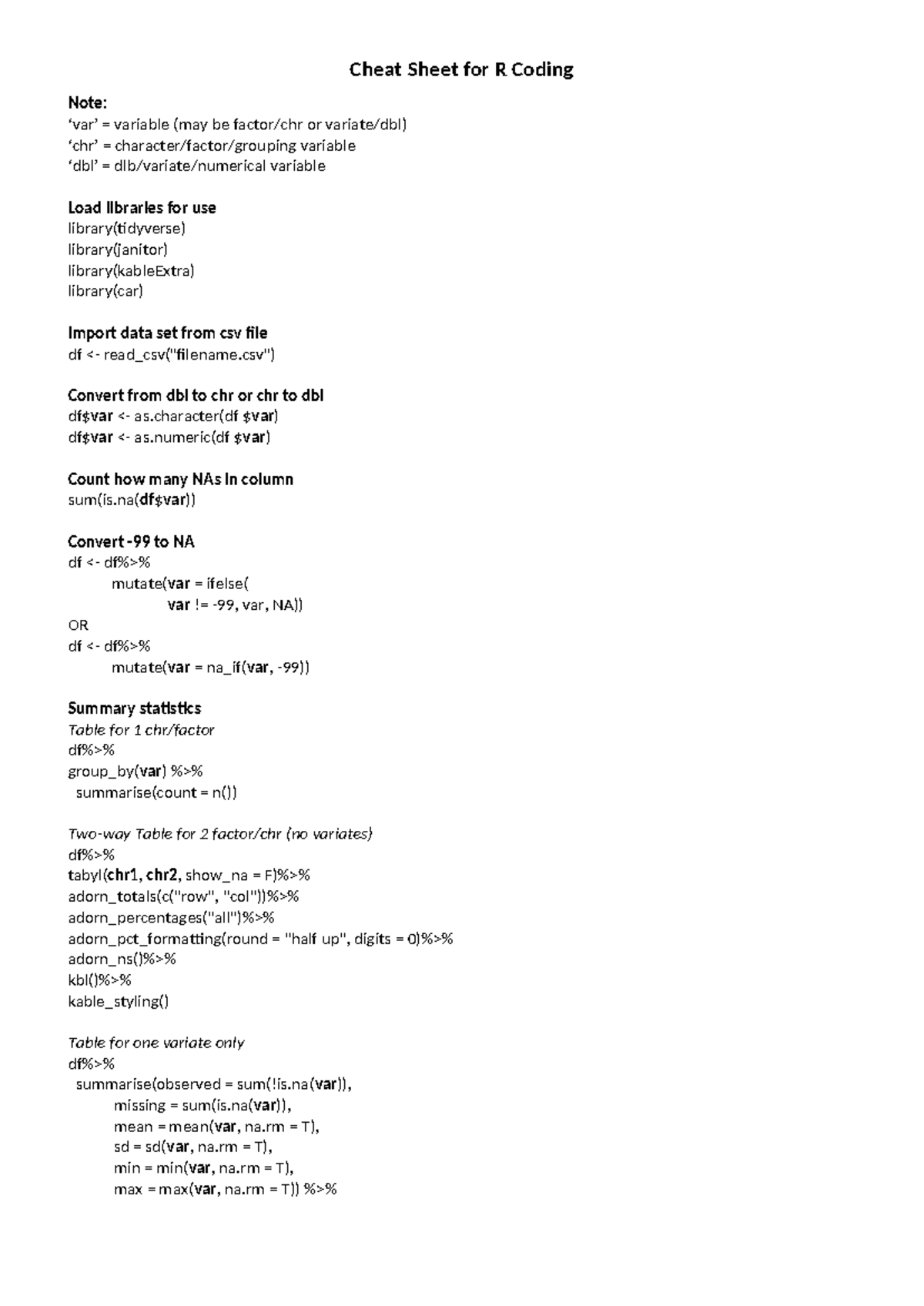 R code cheat sheet - for test - Note: ‘var’ = variable (may be factor ...
