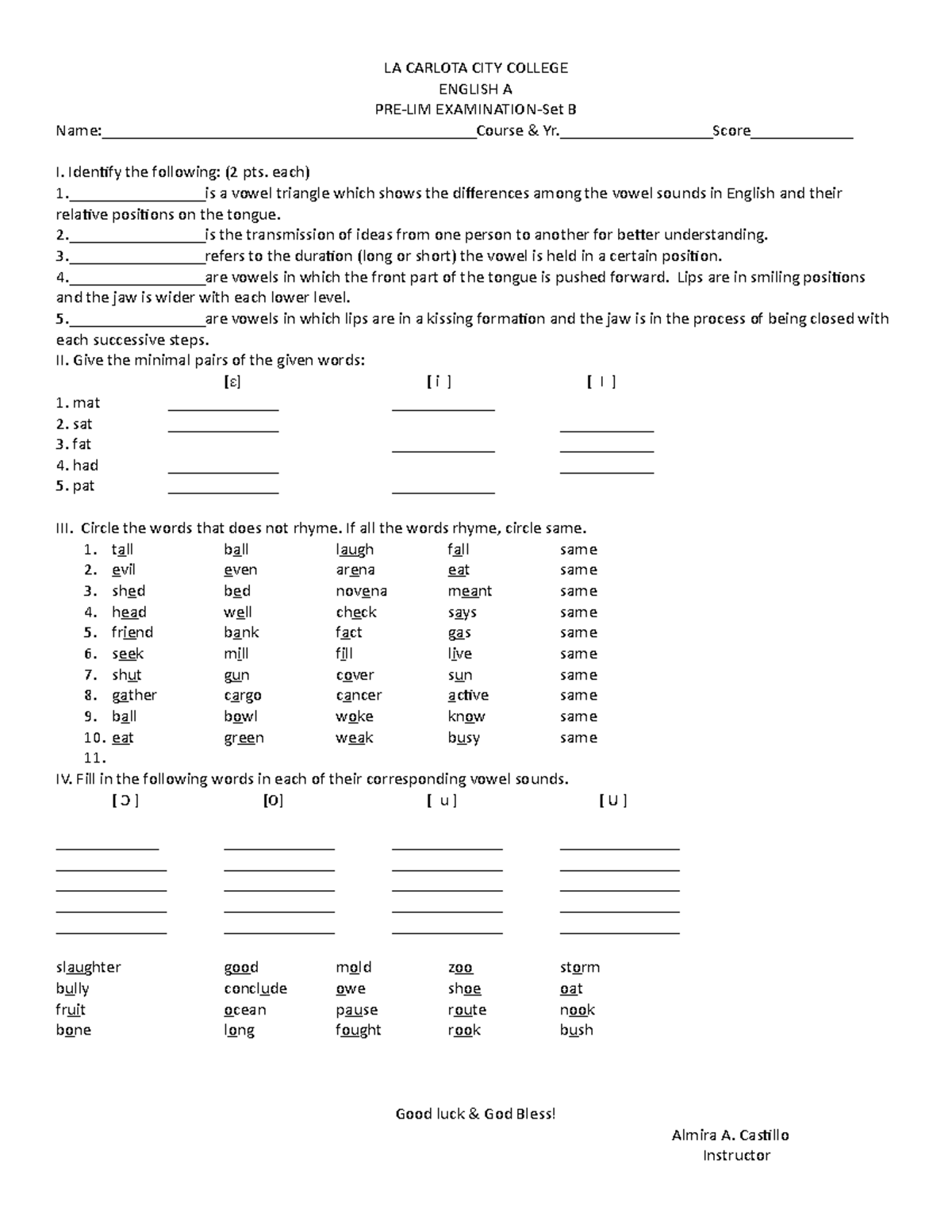 Pre-lim Exam set B spoken english english a - LA CARLOTA CITY COLLEGE ...