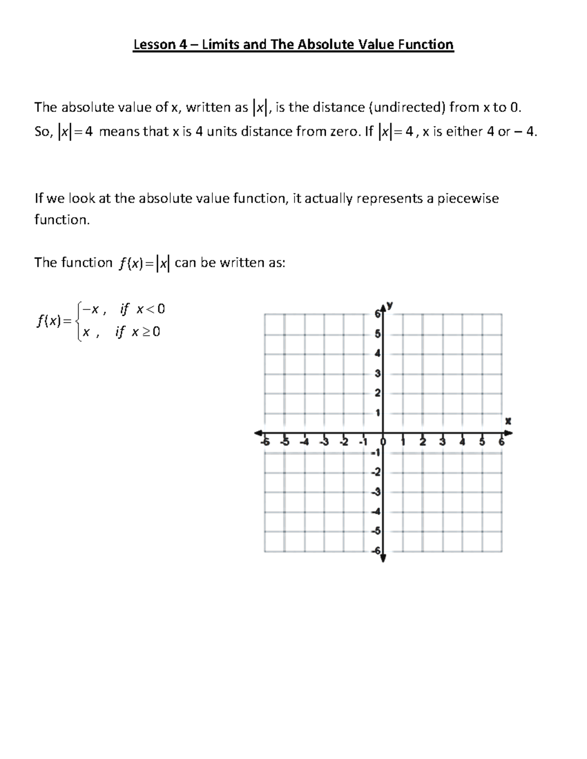 Lesson 4 Solutions Limits and The Absolute Value Function - Lesson 4 ...
