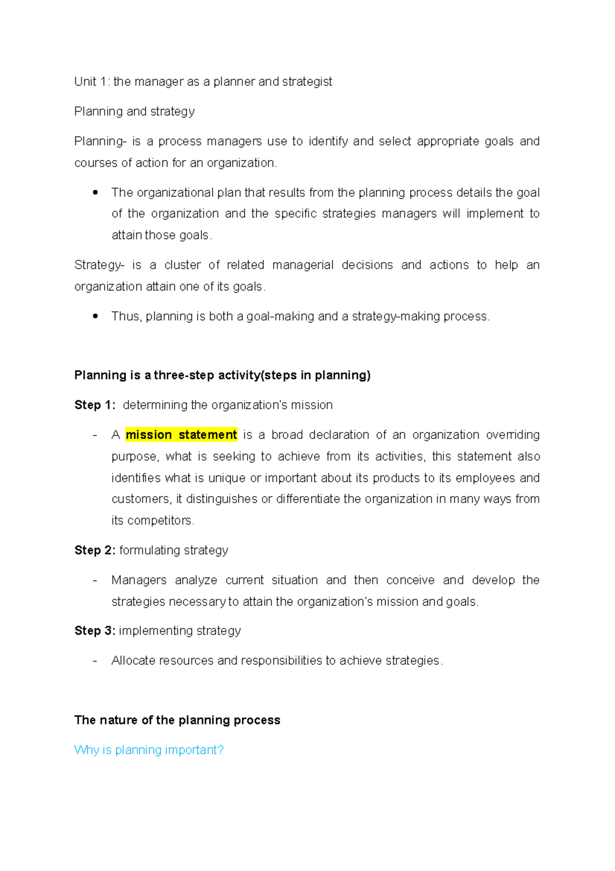 Unit 1 - summary - Unit 1: the manager as a planner and strategist ...
