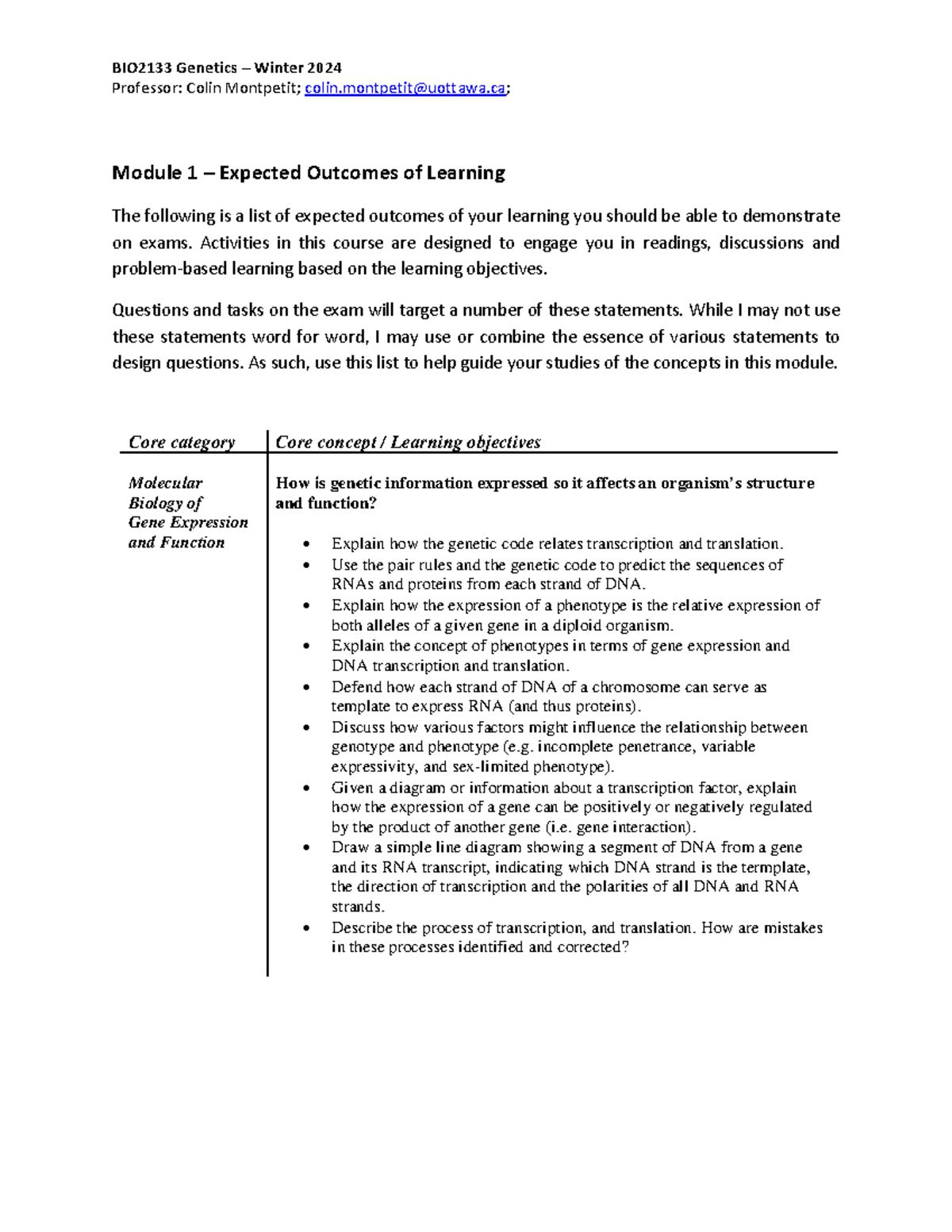 Learning Guide - Module 1 - BIO2133 Genetics – Winter 20 24 Professor ...
