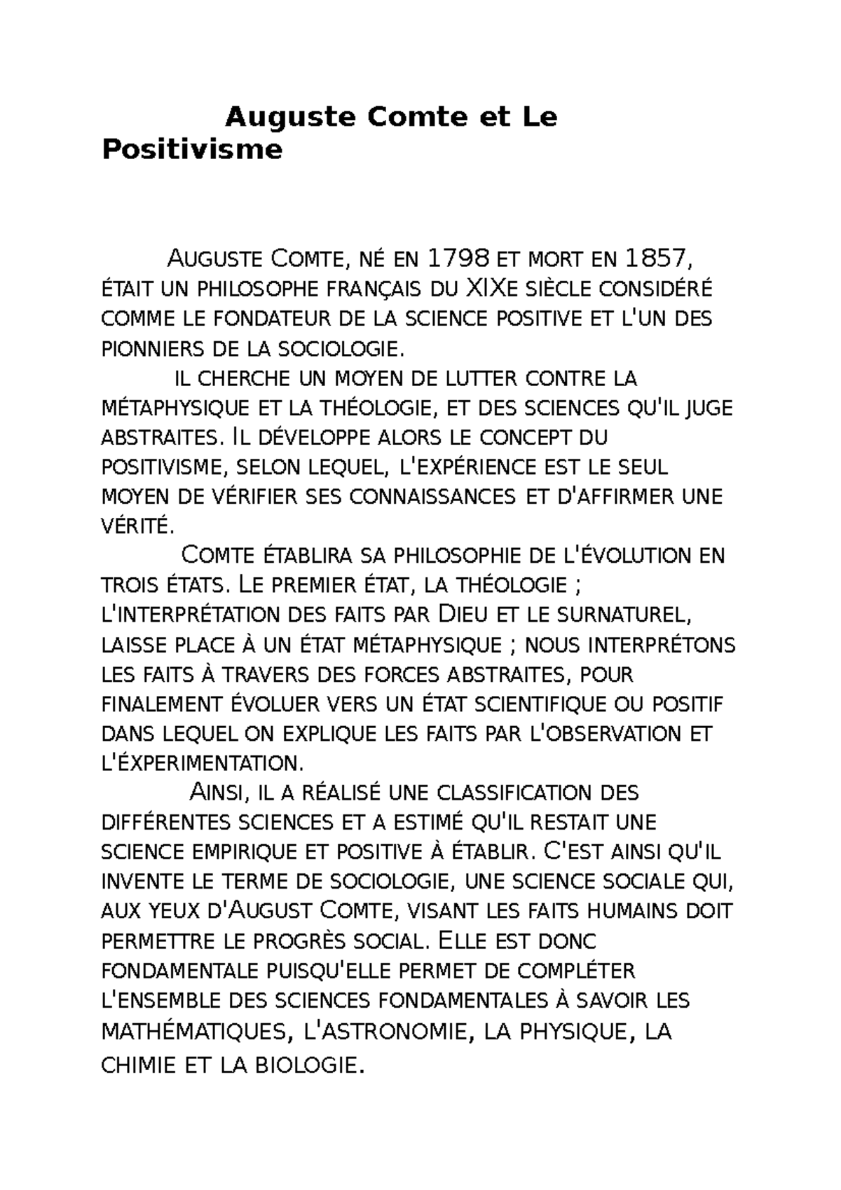 Carte et Résumé d'Auguste Comte - Auguste Comte et Le Positivisme AUGUSTE COMTE, NÉ EN 1798 ET ...