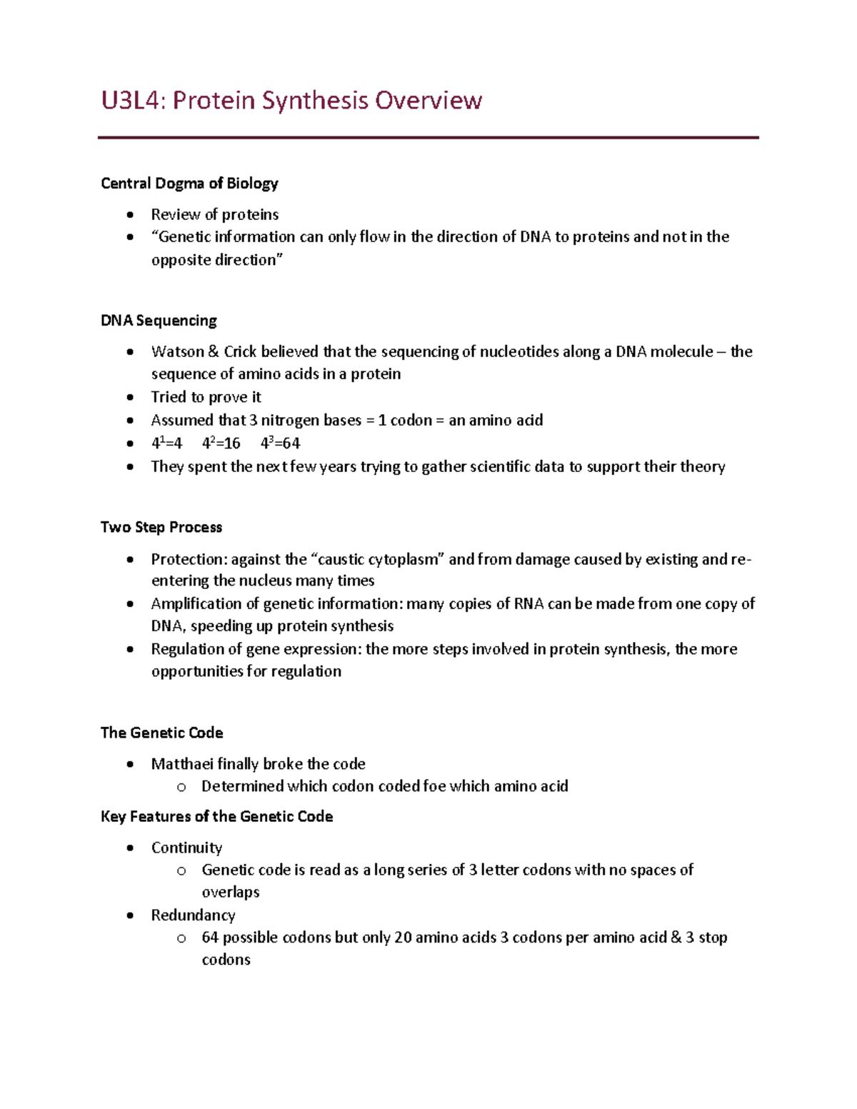 U3L4 - 3.4 - U3L4: Protein Synthesis Overview Central Dogma of Biology - Review of proteins ...