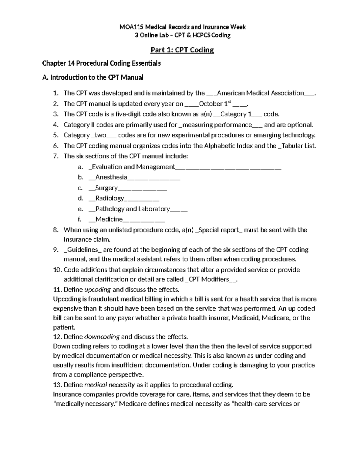 Larissa Creed Week 3 Lab - MOA115 Medical Records and Insurance Week 3 Online Lab – CPT & HCPCS ...