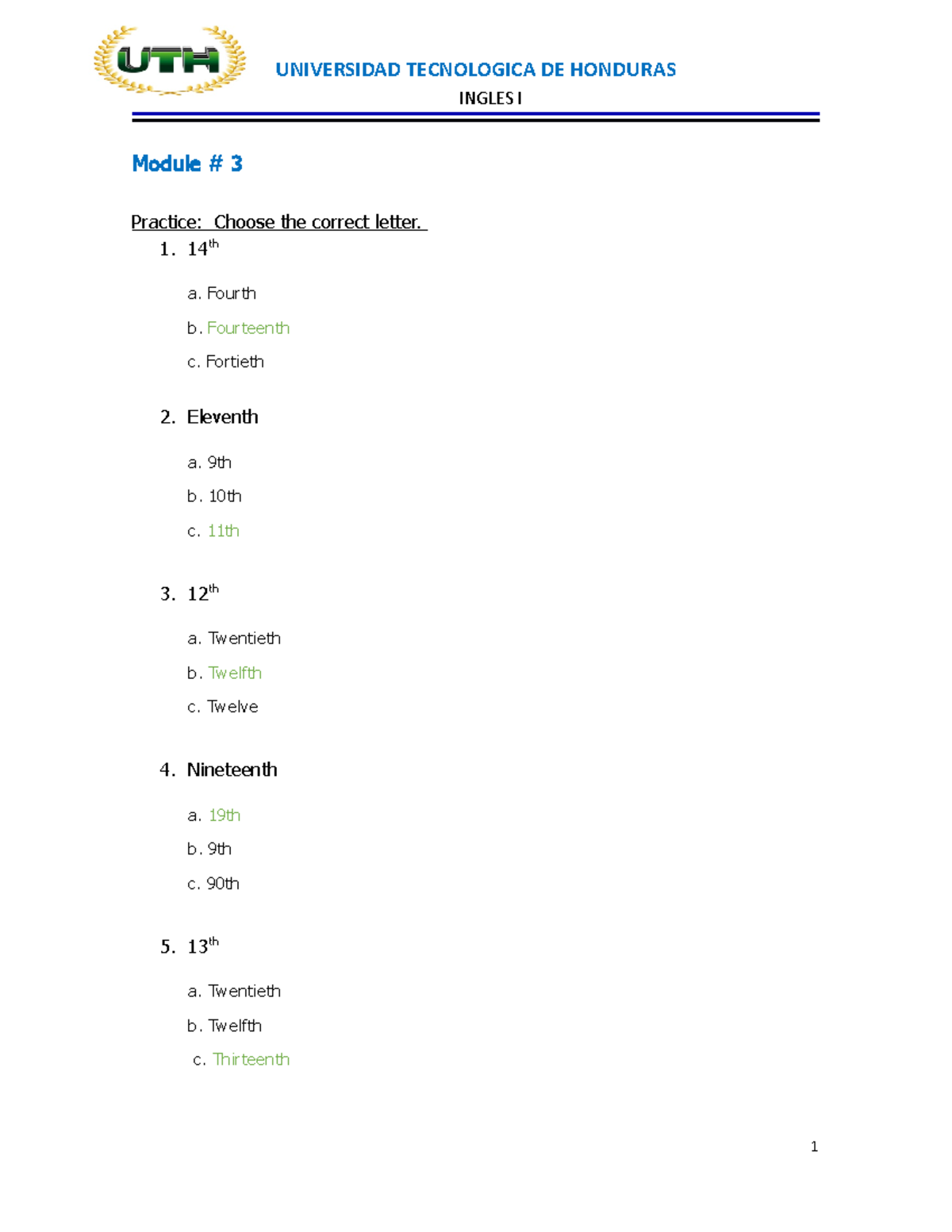 Homework-3 - Ejercicios de ingles - UNIVERSIDAD TECNOLOGICA DE HONDURAS INGLES I Module # 3 ...