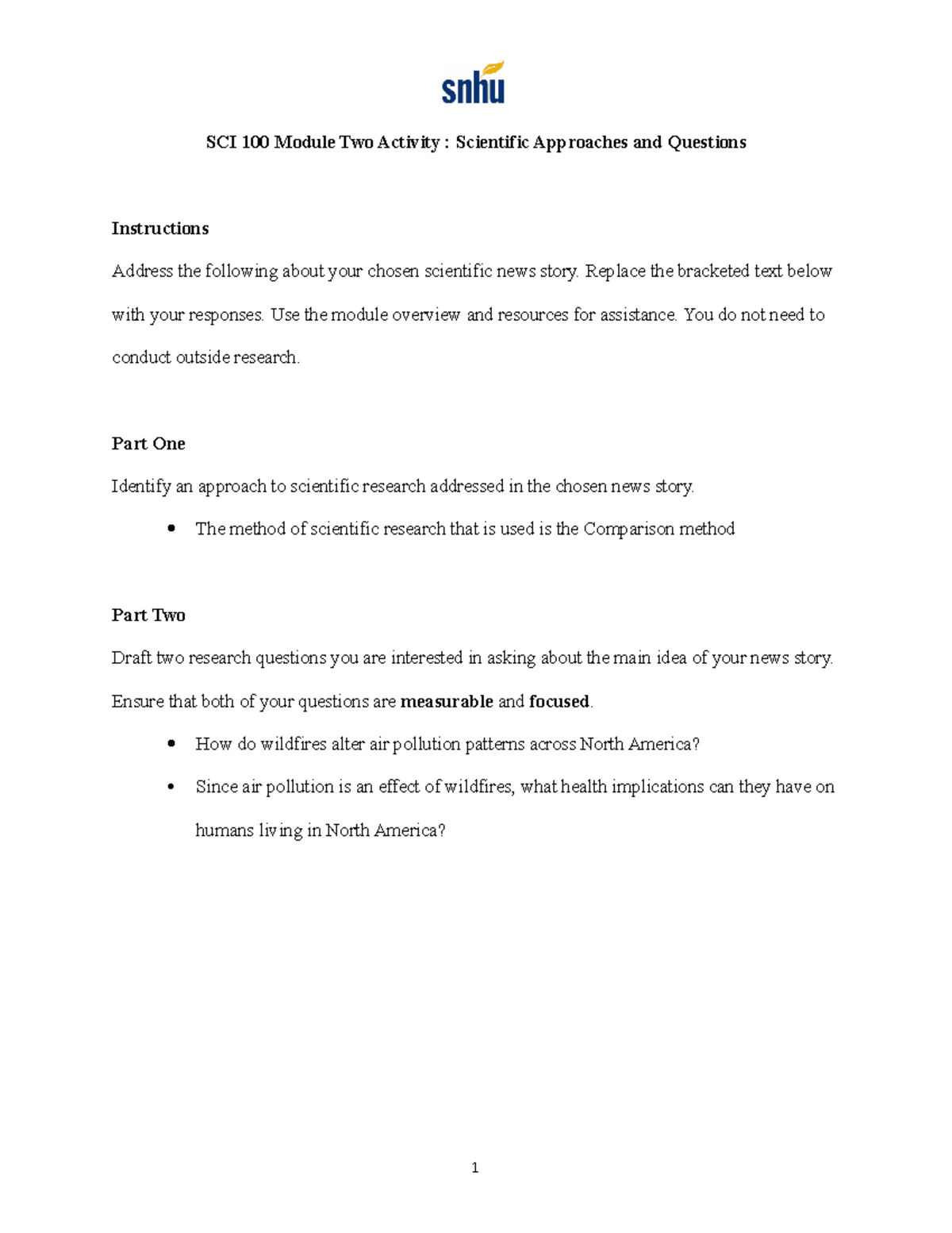 SCI 100 Module Two Activity - Replace the bracketed text below with ...