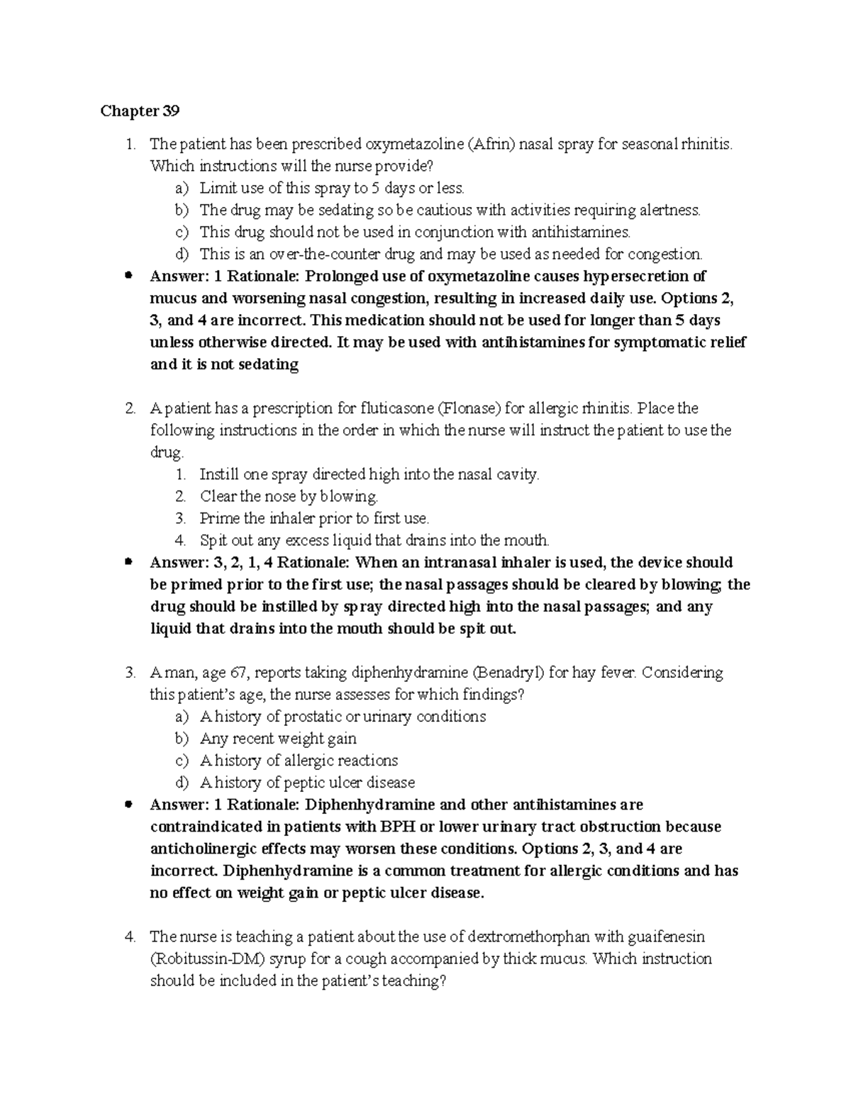 Pharm 3 Exam Questions on Nasal Medications and Treatments - Chapter 39 ...