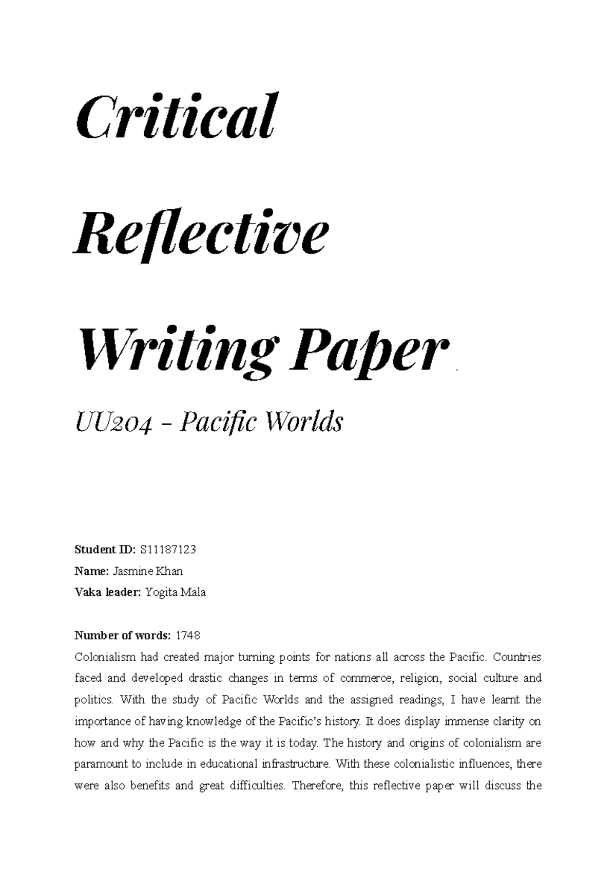 CRWP UU204 - S11187123 JK - Critical Reflective Writing Paper UU204 ...