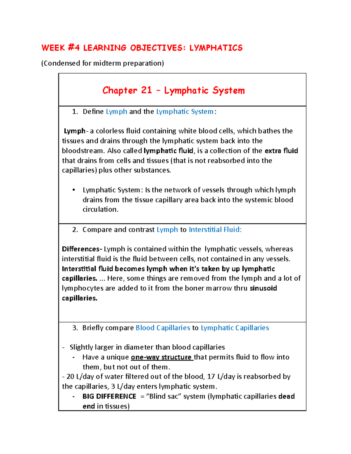 WEEK #4 - Learning Objectives NV - WEEK #4 LEARNING OBJECTIVES: LYMPHATICS (Condensed for ...