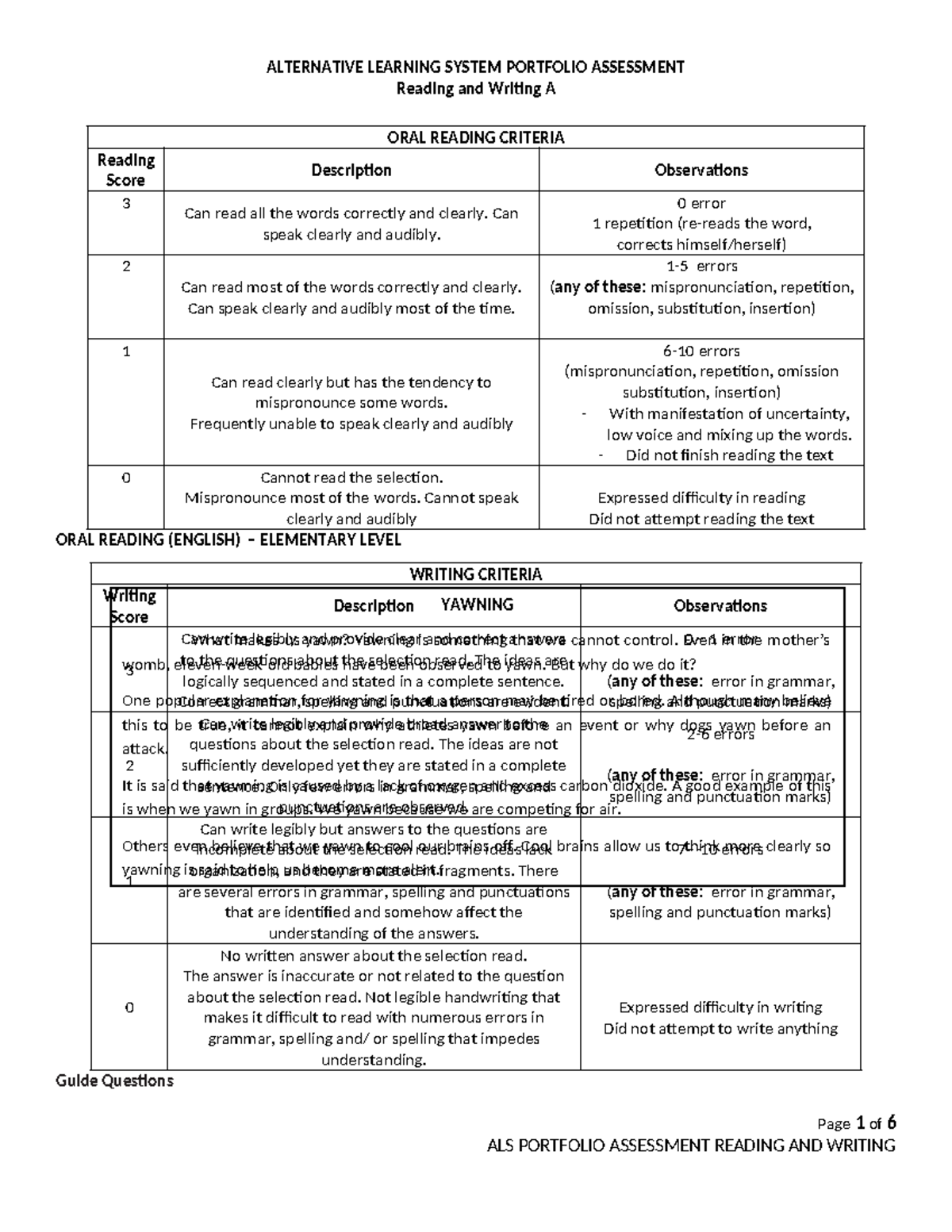Reading and Writing Assessment 1 - ALTERNATIVE LEARNING SYSTEM ...