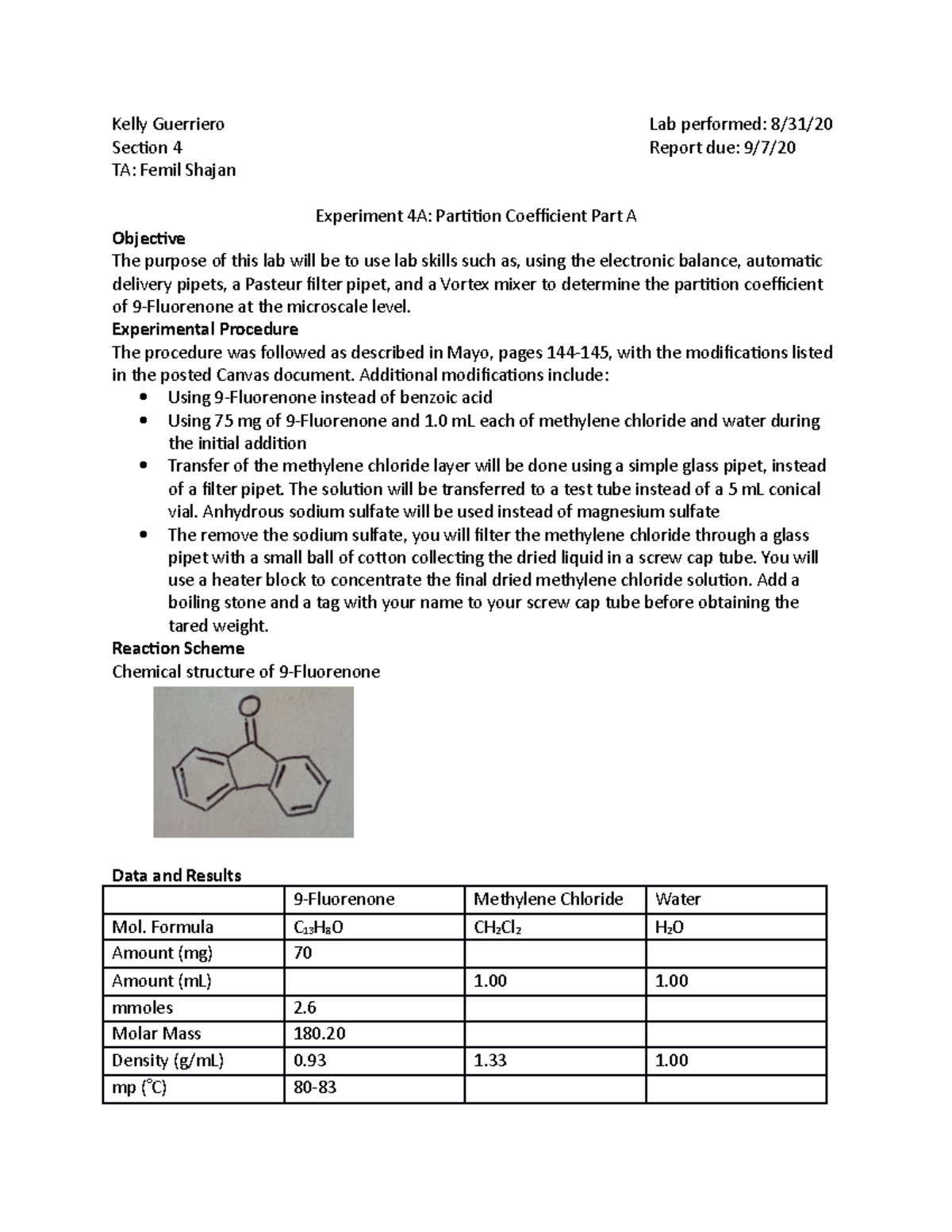 Expt 4A Partition Coefficient Part A - Kelly Guerriero Lab performed: 8/31/ Section 4 Report due ...