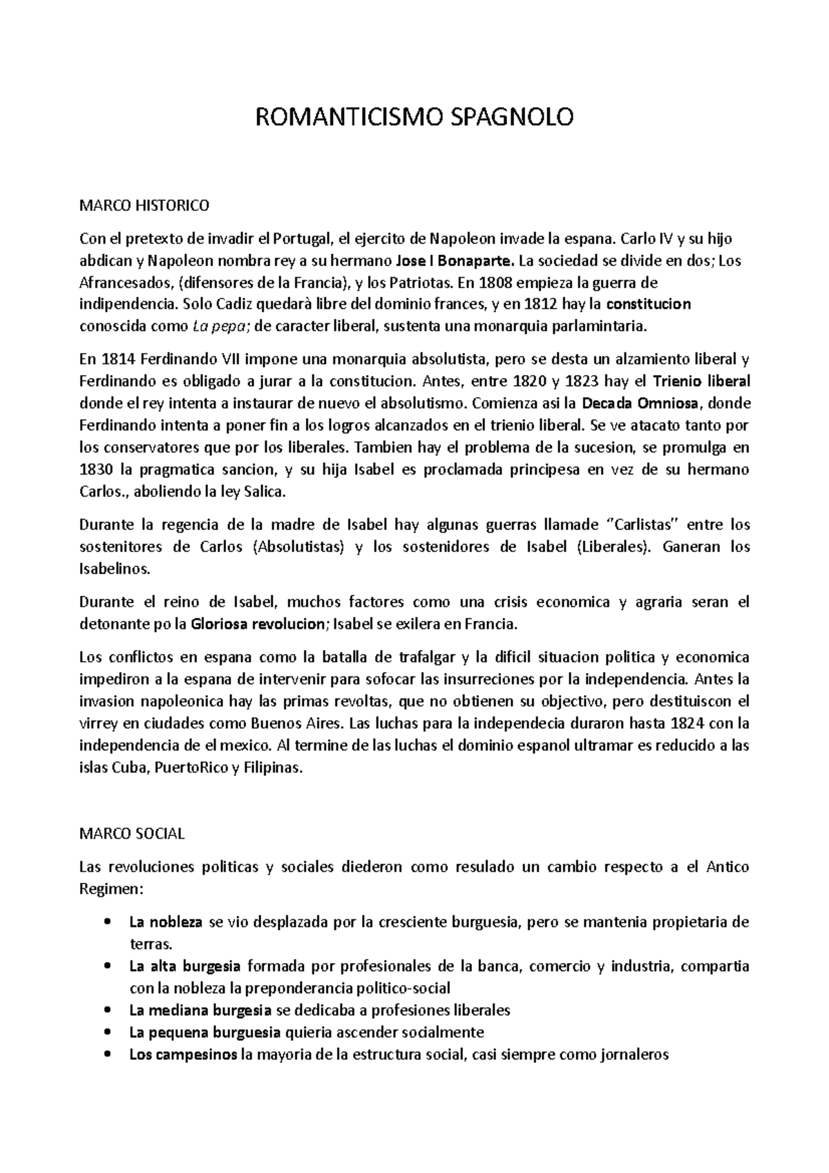 El Romanticismo ( Spagnolo) - ROMANTICISMO SPAGNOLO MARCO HISTORICO Con ...