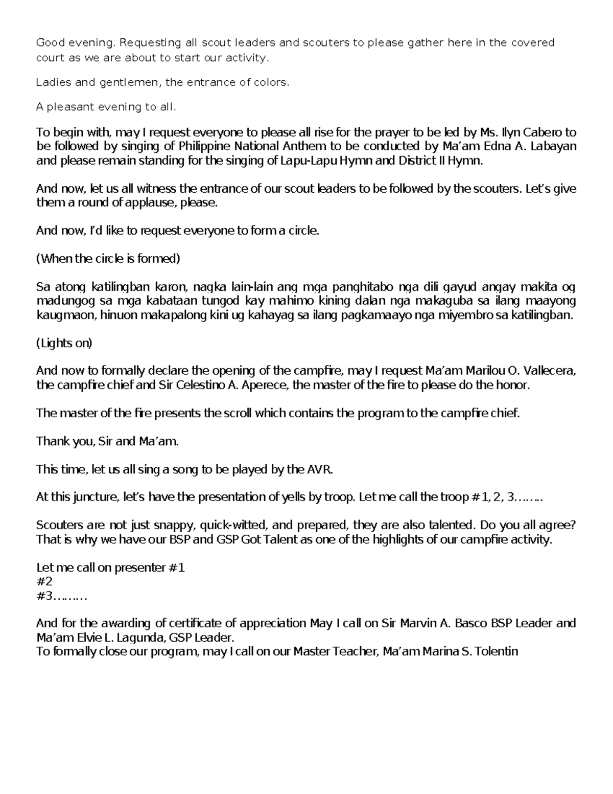 Camp Fire Emcees Script - Good evening. Requesting all scout leaders ...