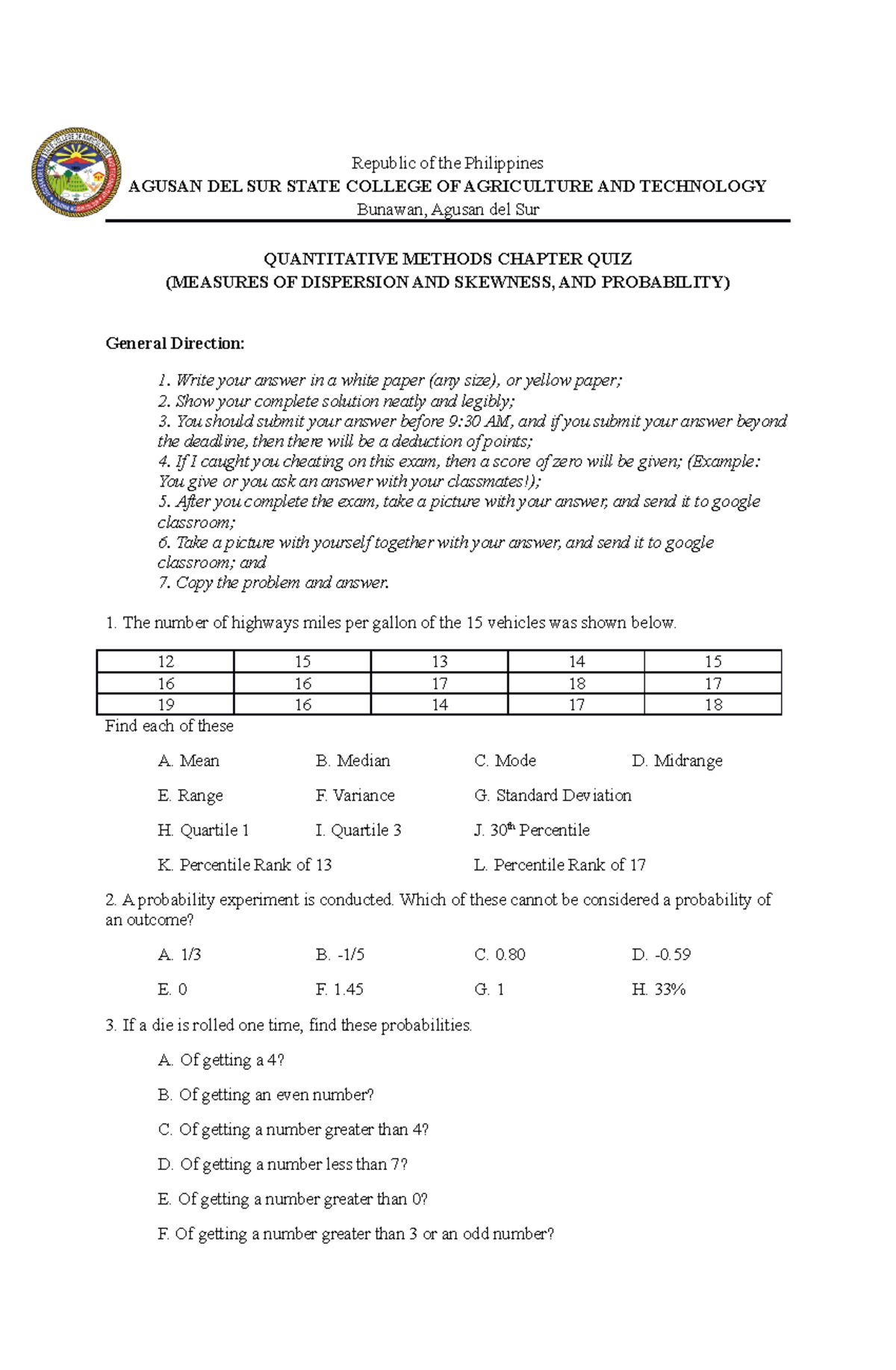 Examen 1 2 October 2019, questions and answers - Republic of the ...