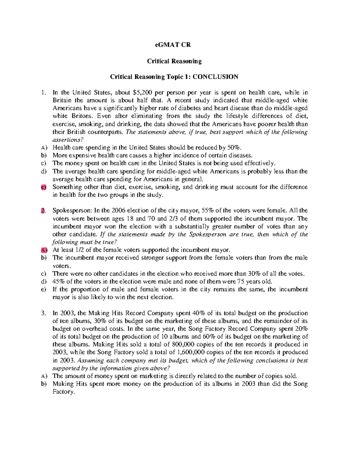 E GMAT CR Questions - Critical Reasoning Critical Reasoning Topic 1 ...