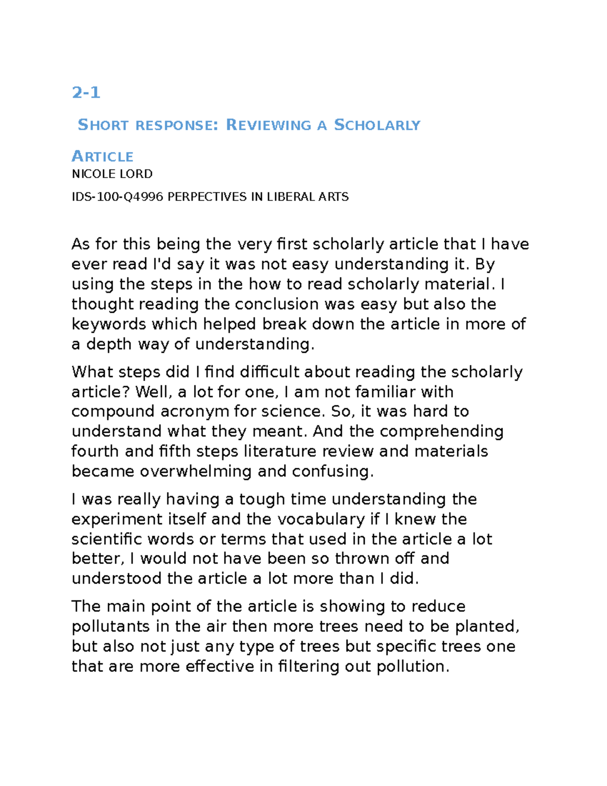 2-1 - IDS100 - 2- SHORT RESPONSE: REVIEWING A SCHOLARLY ARTICLE NICOLE ...
