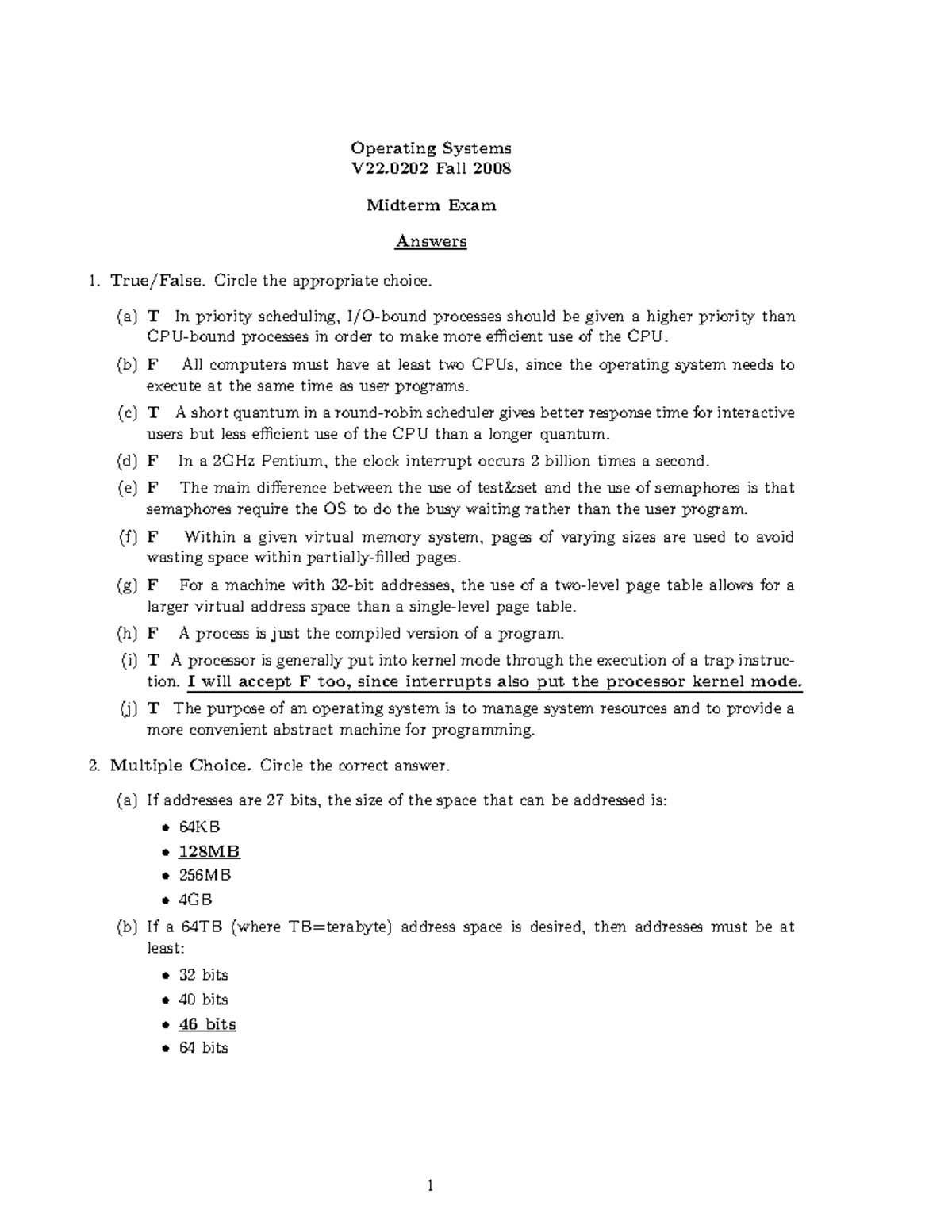Exam 2008 Answers Operating Systems V22 Fall 2008 Midterm Exam Answers 1false Circle The
