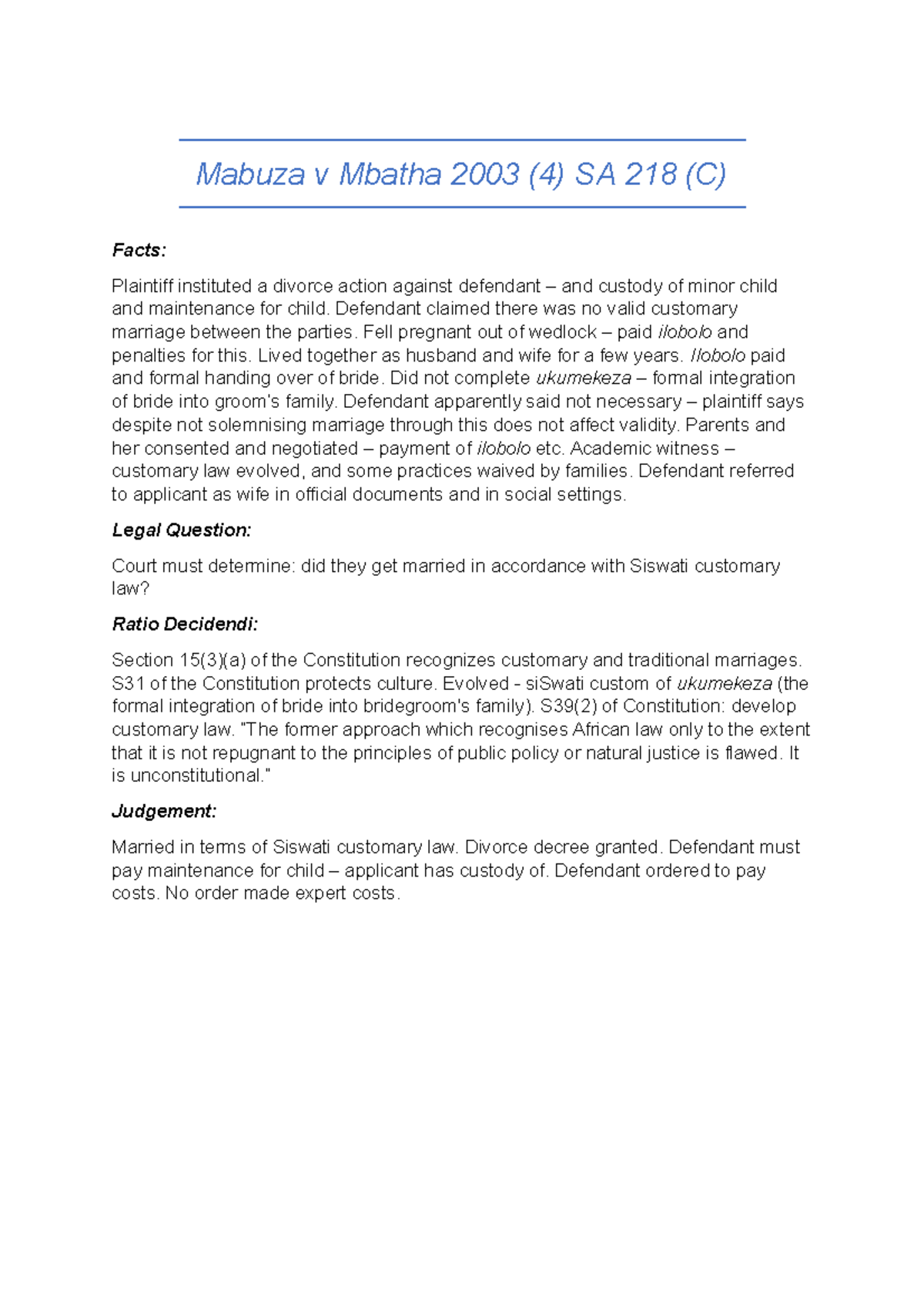 Mabuza v Mbatha Case Summary - Mabuza v Mbatha 2003 (4) SA 218 (C ...