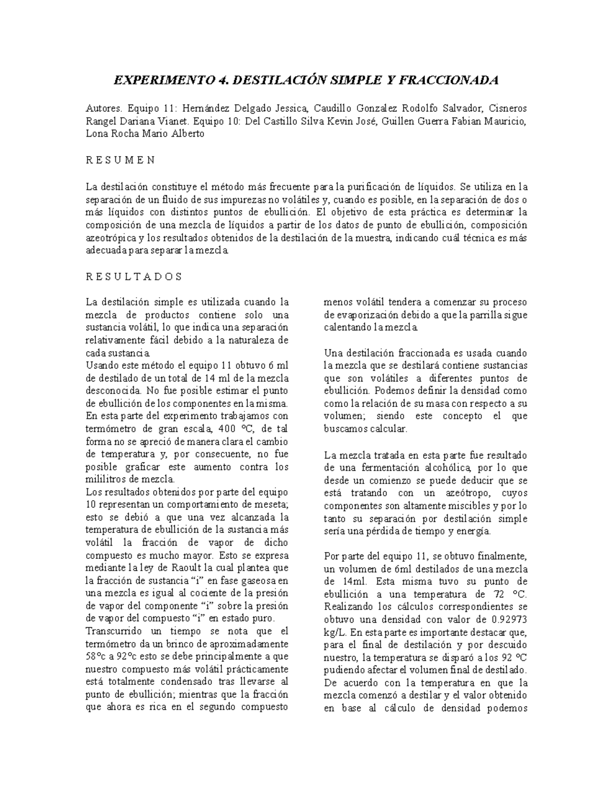 Experimento IV-2 - Reporte de práctica de laboratorio DESTILACIÓN SIMPLE Y FRACCIONADA ...