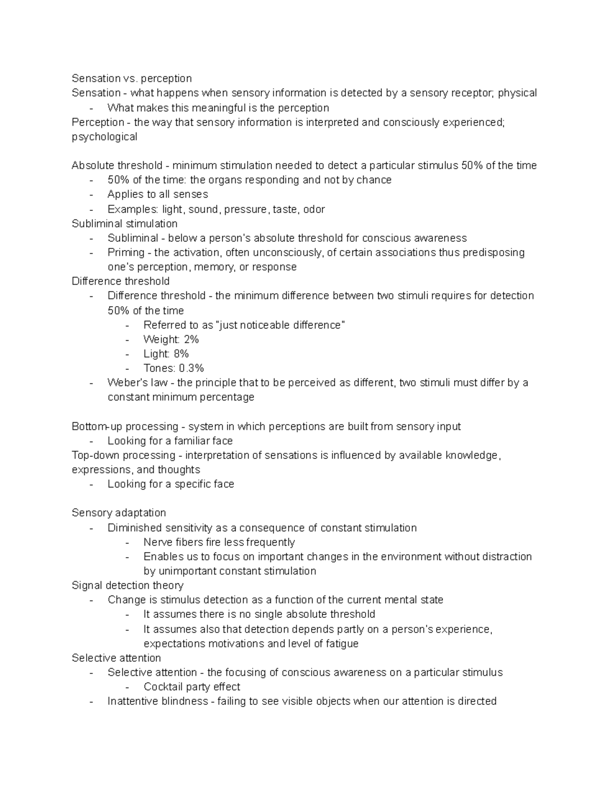 Psychology - chapter 5 notes - Sensation vs. perception Sensation ...