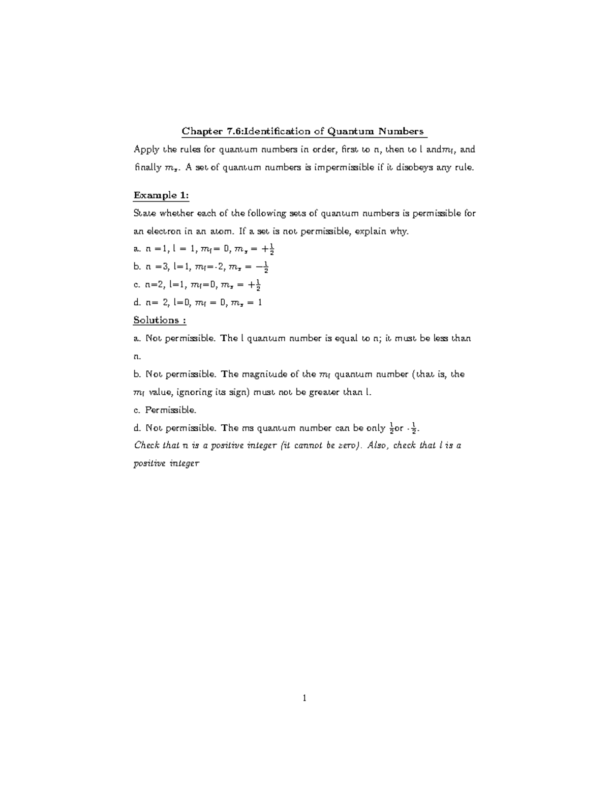 Futher examples on Quantum Numbers - Chapter 7:Identification of Quantum Numbers Apply the rules ...