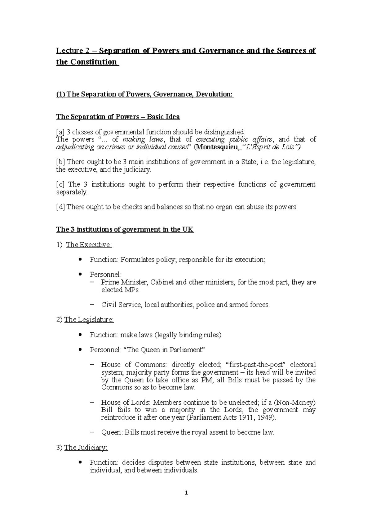 Lecture 2 -Sources of the Constitution Separation of Powers and ...