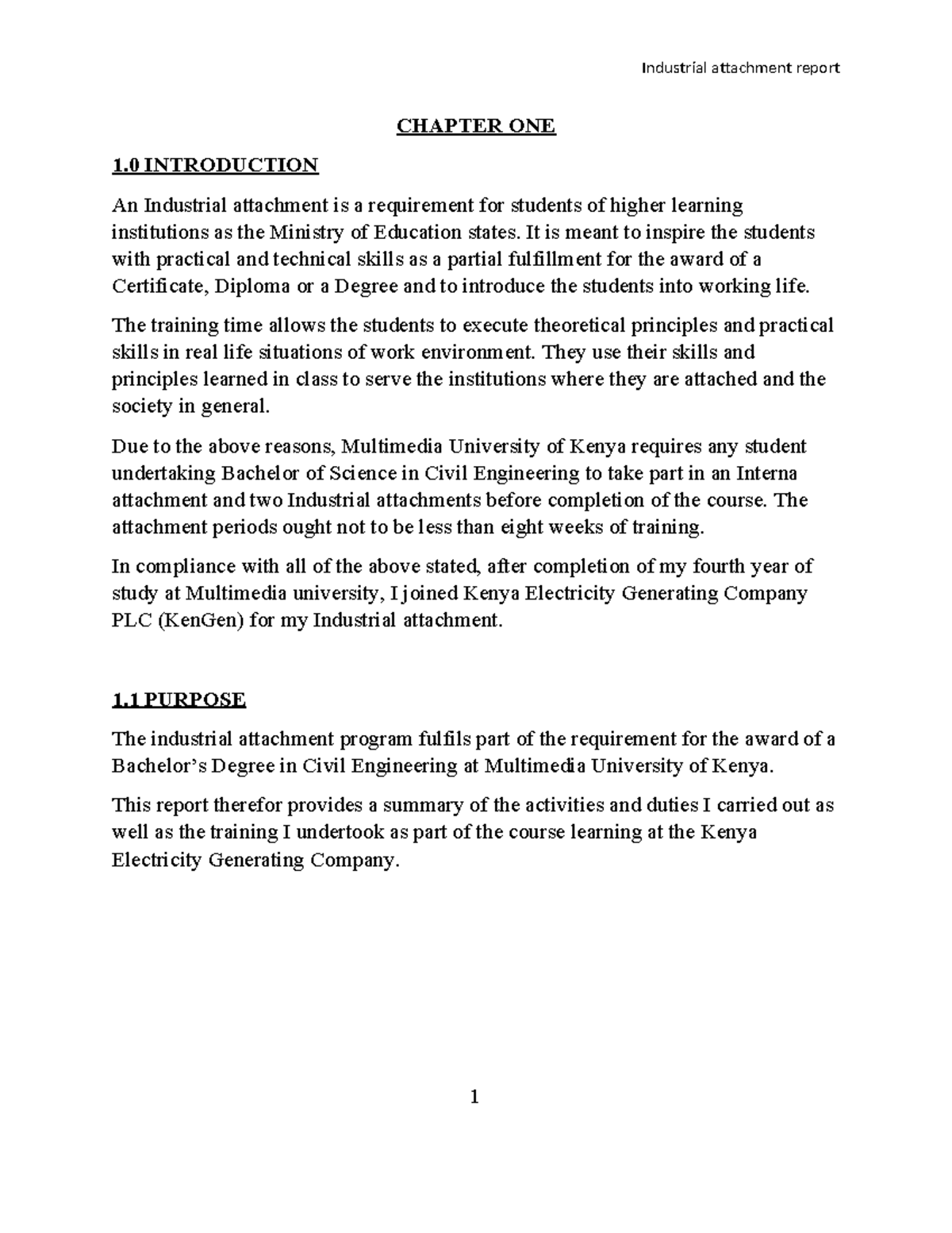 Report - Industrial attachment report CHAPTER ONE 1 INTRODUCTION An ...