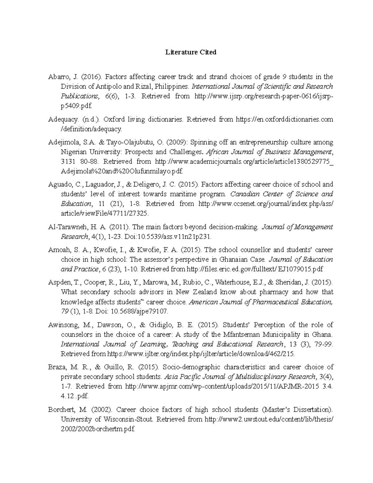 RESEARCH STUDY LITERATURE CITED - Literature Cited Abarro, J. (2016 ...