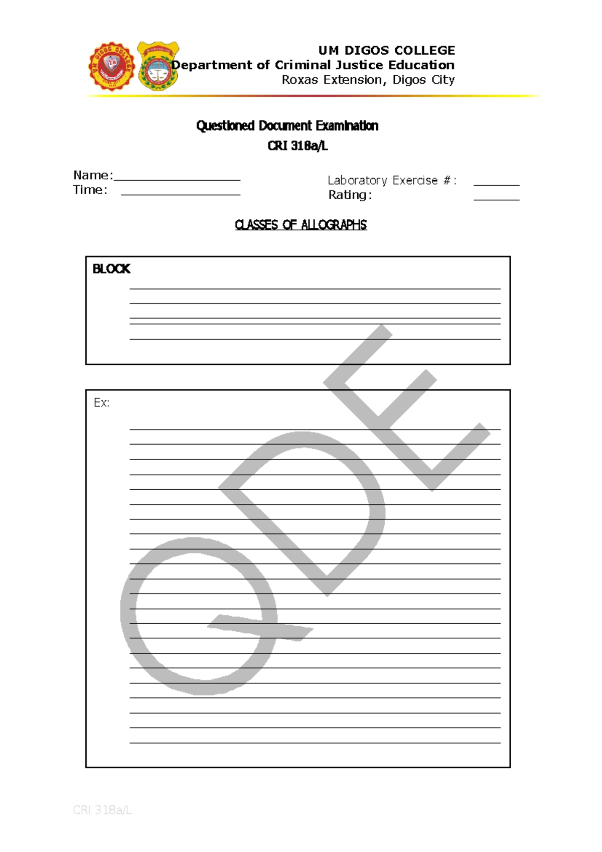 1 Allograph - QDE - CRI 318a/L Department of Criminal Justice Education ...