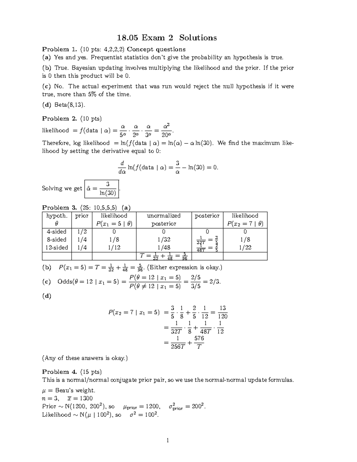 Exam 13 April 2013, answers - 18 Exam 2 Solutions Problem 1. (10 pts: 4 ...