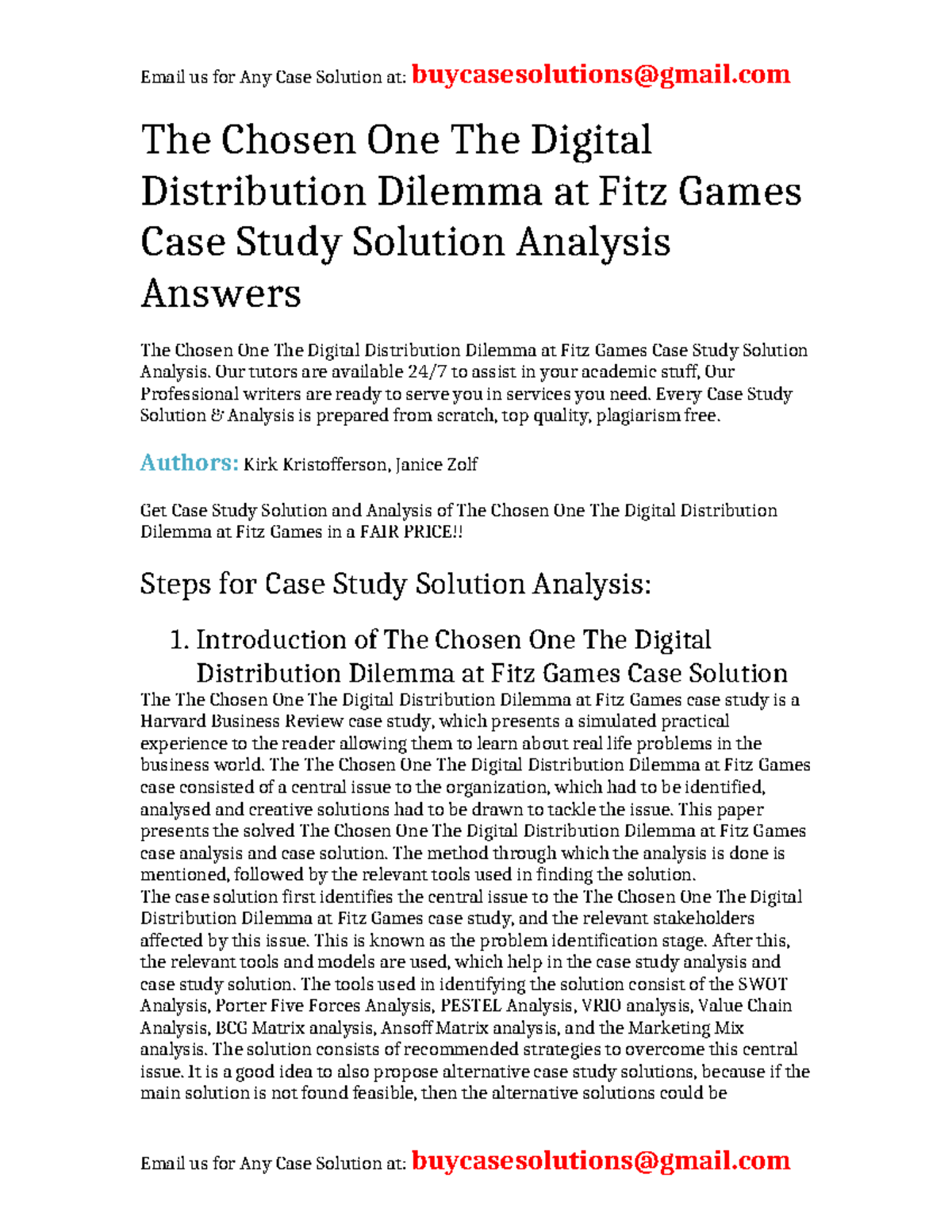 Case Solution The Chosen One The Digital Distribution Dilemma at Fitz ...