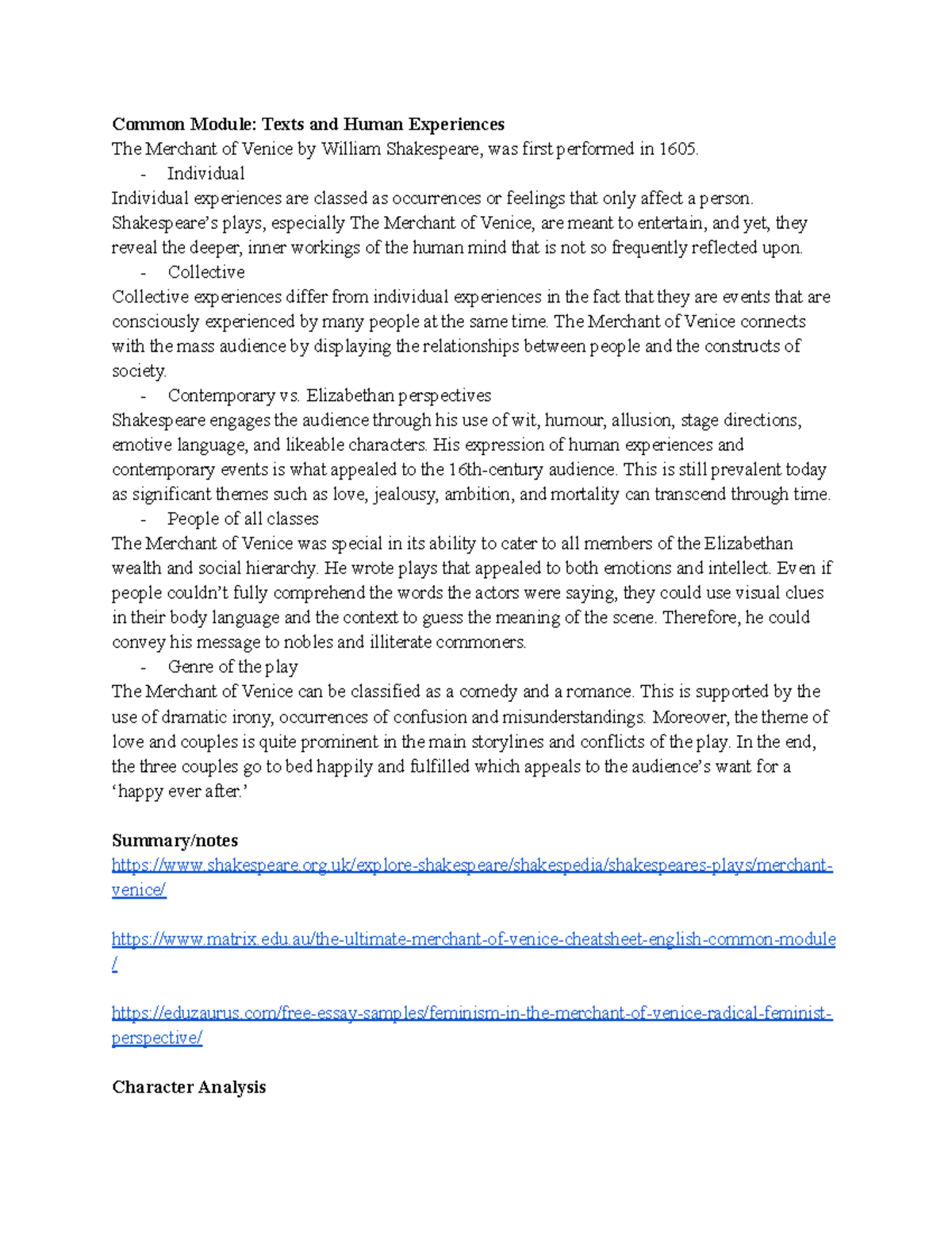 The Merchant of Venice - Common Module - Common Module: Texts and Human ...