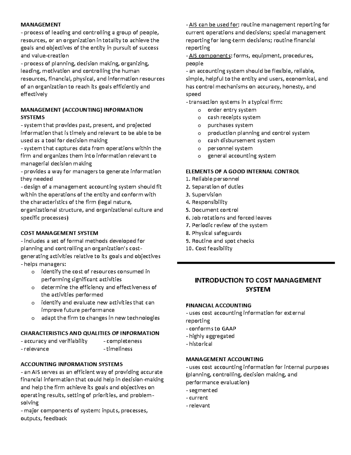 Cost-prelims-reviewer - MANAGEMENT process of leading and controlling a ...