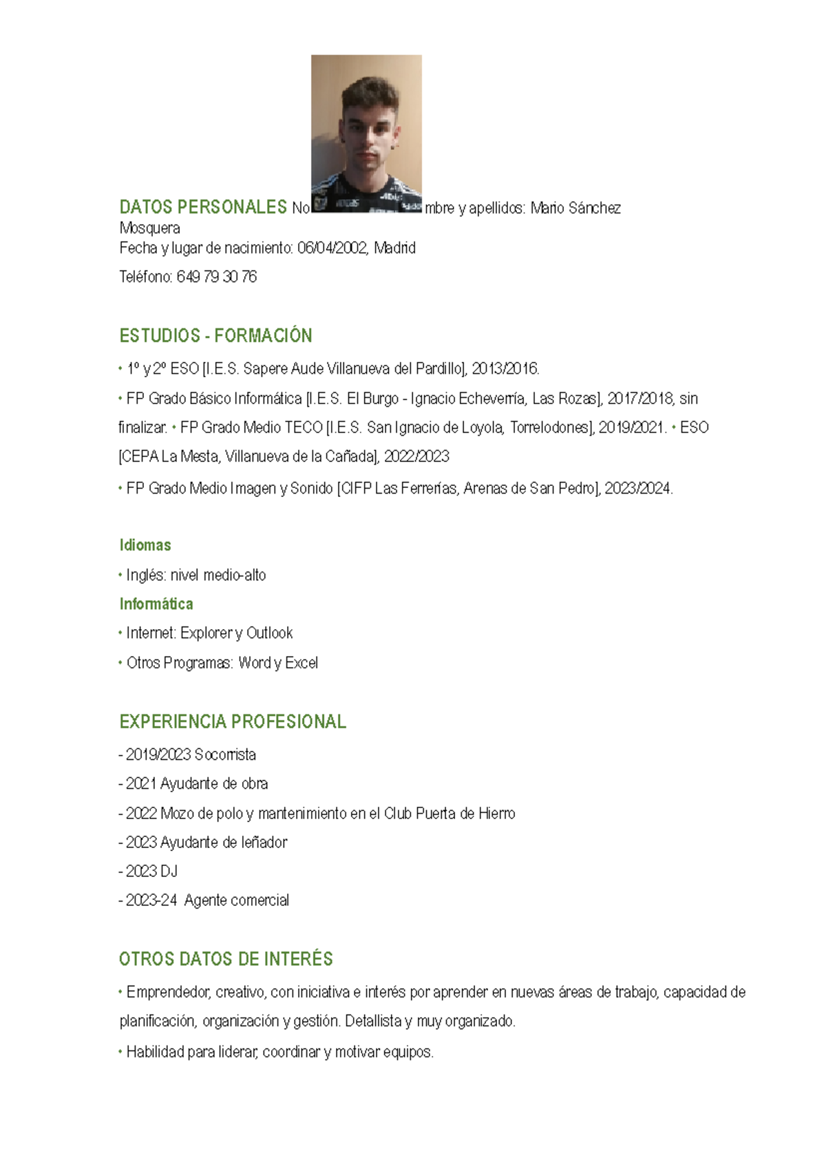 CV Mario - DATOS PERSONALES No mbre y apellidos: Mario Sánchez Mosquera ...