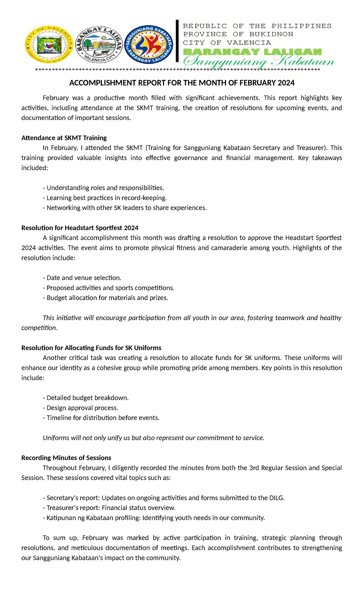 AR February - ACCOMPLISHMENT REPORT SAMPLE - ACCOMPLISHMENT REPORT FOR ...