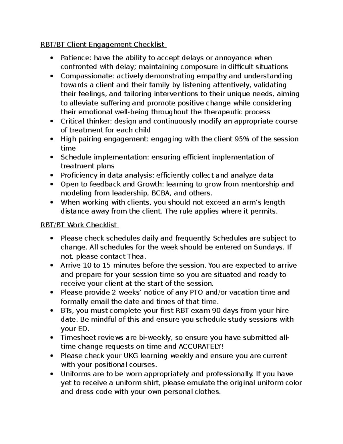 RBT:BTs Checklist - list - RBT/BT Client Engagement Checklist Patience ...