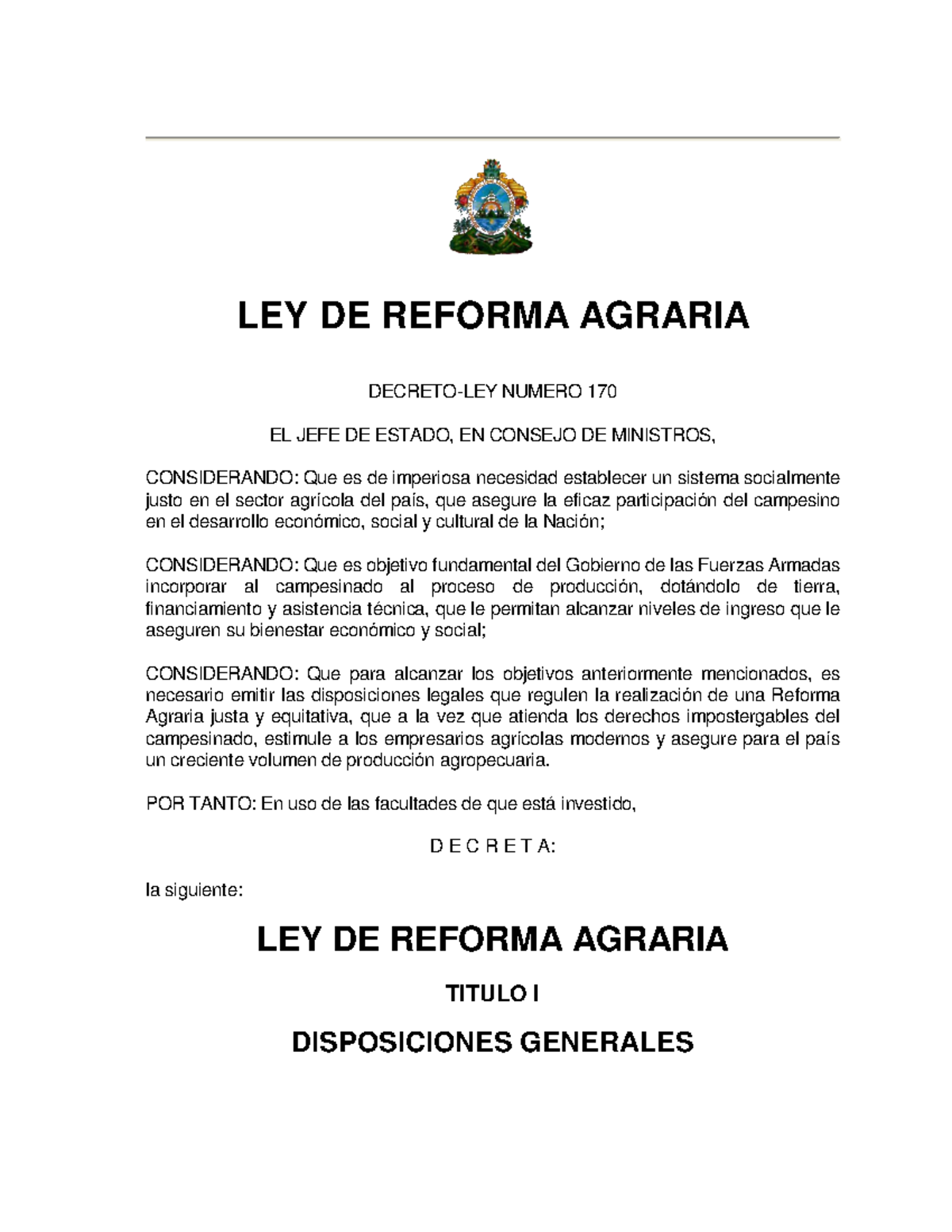 Ley de Reforma Agraria - LEY DE REFORMA AGRARIA DECRETO-LEY NUMERO 170 ...